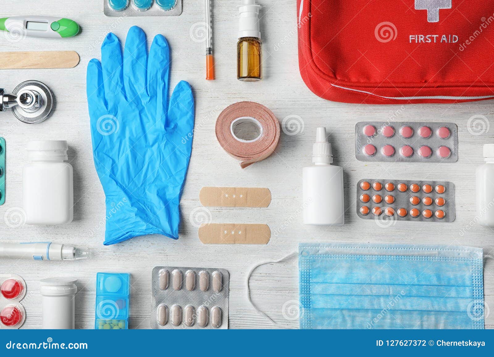 Flat Lay Composition with First Aid Kit Stock Photo - Image of life ...
