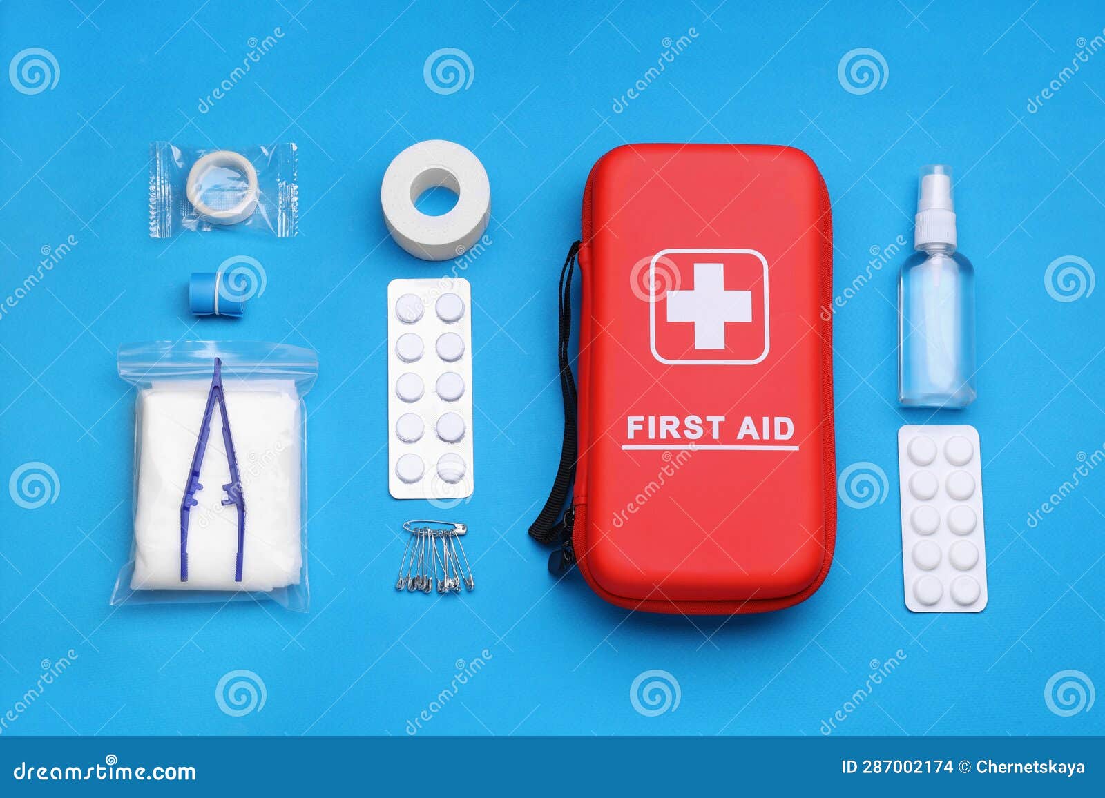Flat Lay Composition with First Aid Kit on Light Blue Background Stock ...