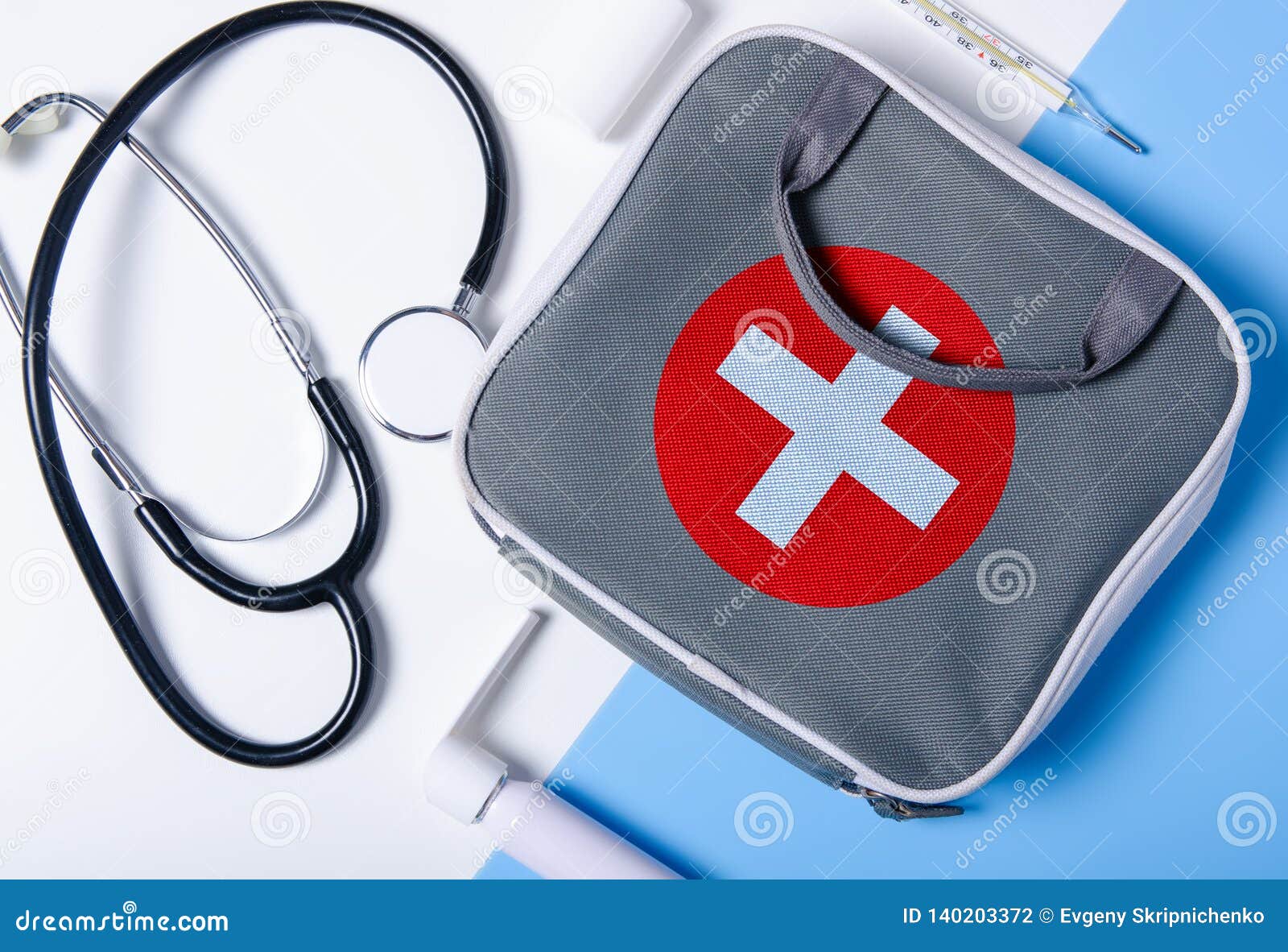 Flat Lay Composition with First Aid Kit, Stethoscope, Thermometer ...