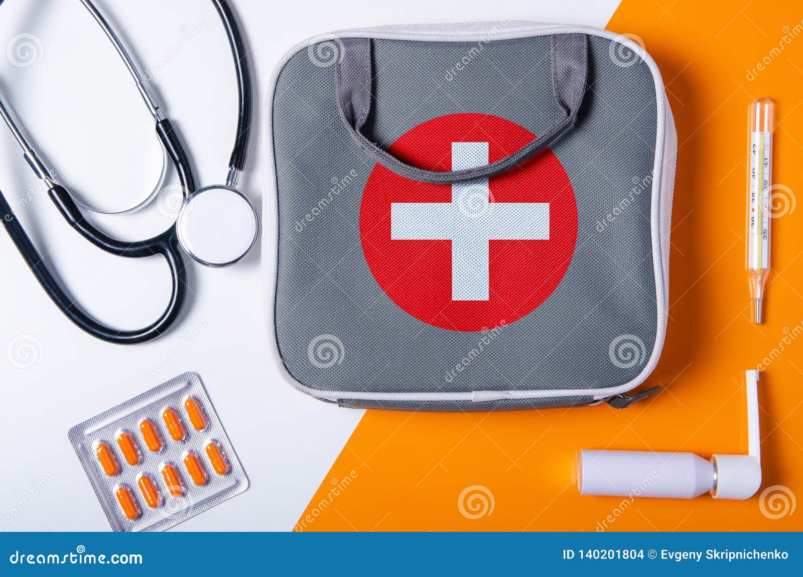Flat Lay Composition with First Aid Kit, Stethoscope, Thermometer ...