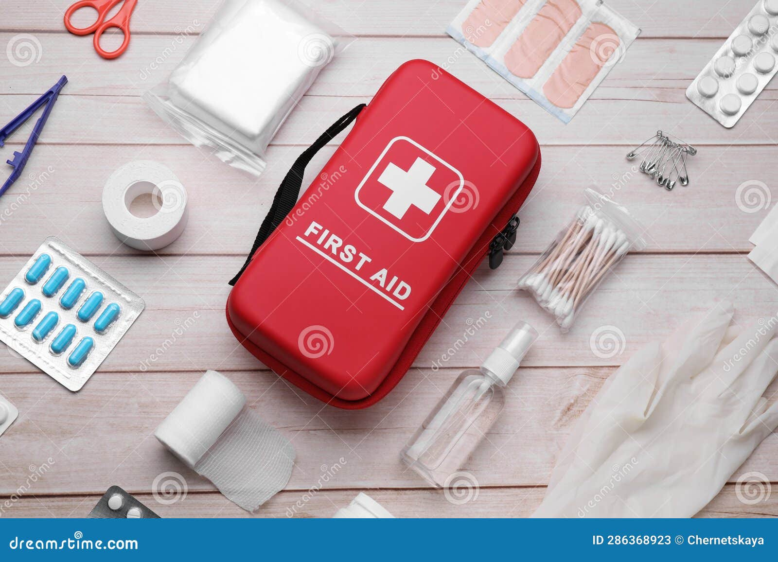Flat Lay Composition with First Aid Kit on Wooden Table Stock Image ...