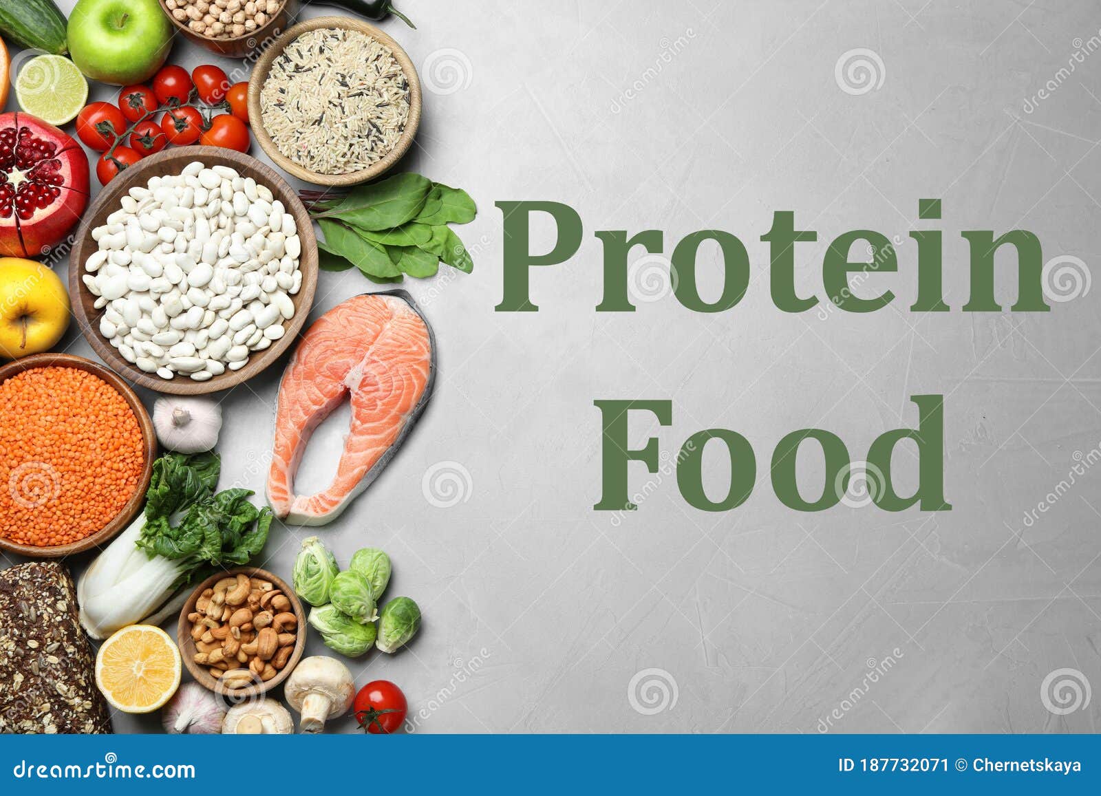 Flat Lay Composition with Food Rich in Protein on Grey Table Stock ...