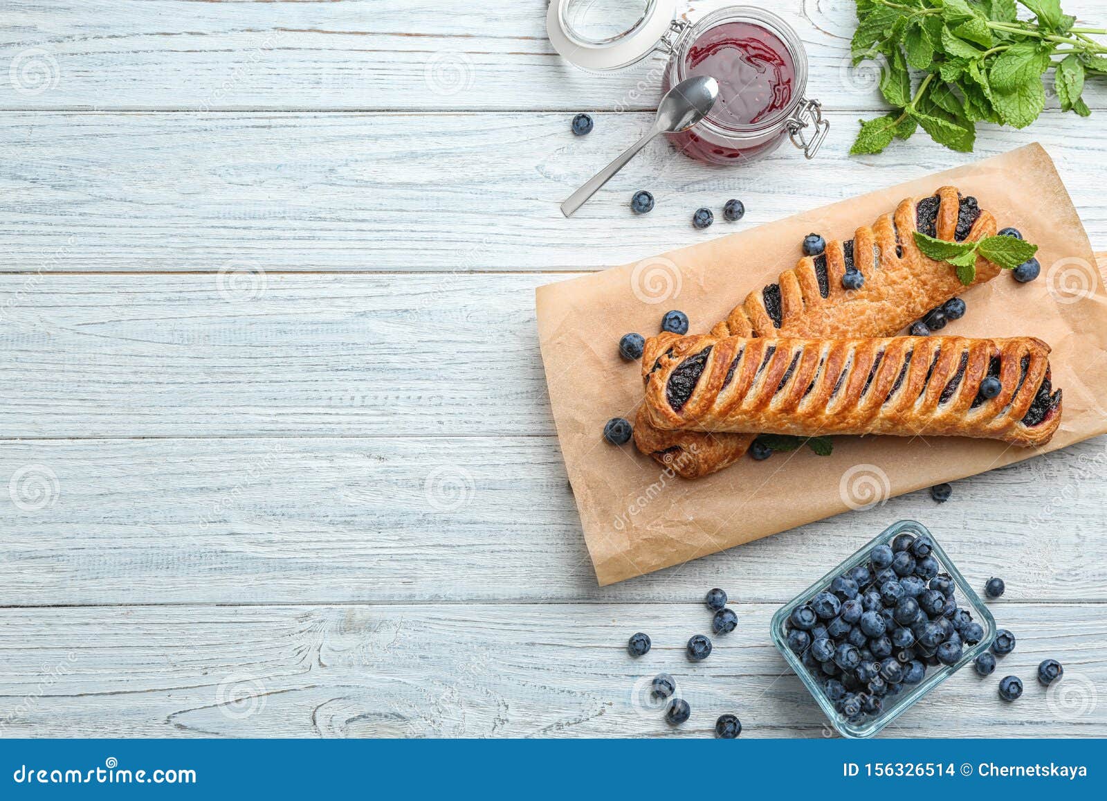 Flat Lay Composition with Fresh Puff Pastry on White Wooden Table ...
