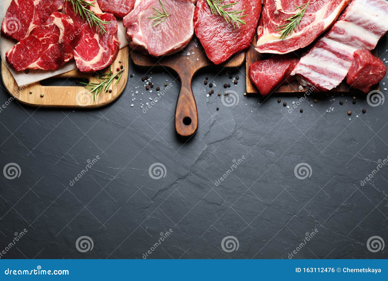 Flat Lay Composition with Fresh Meat on Table. Space for Text Stock ...
