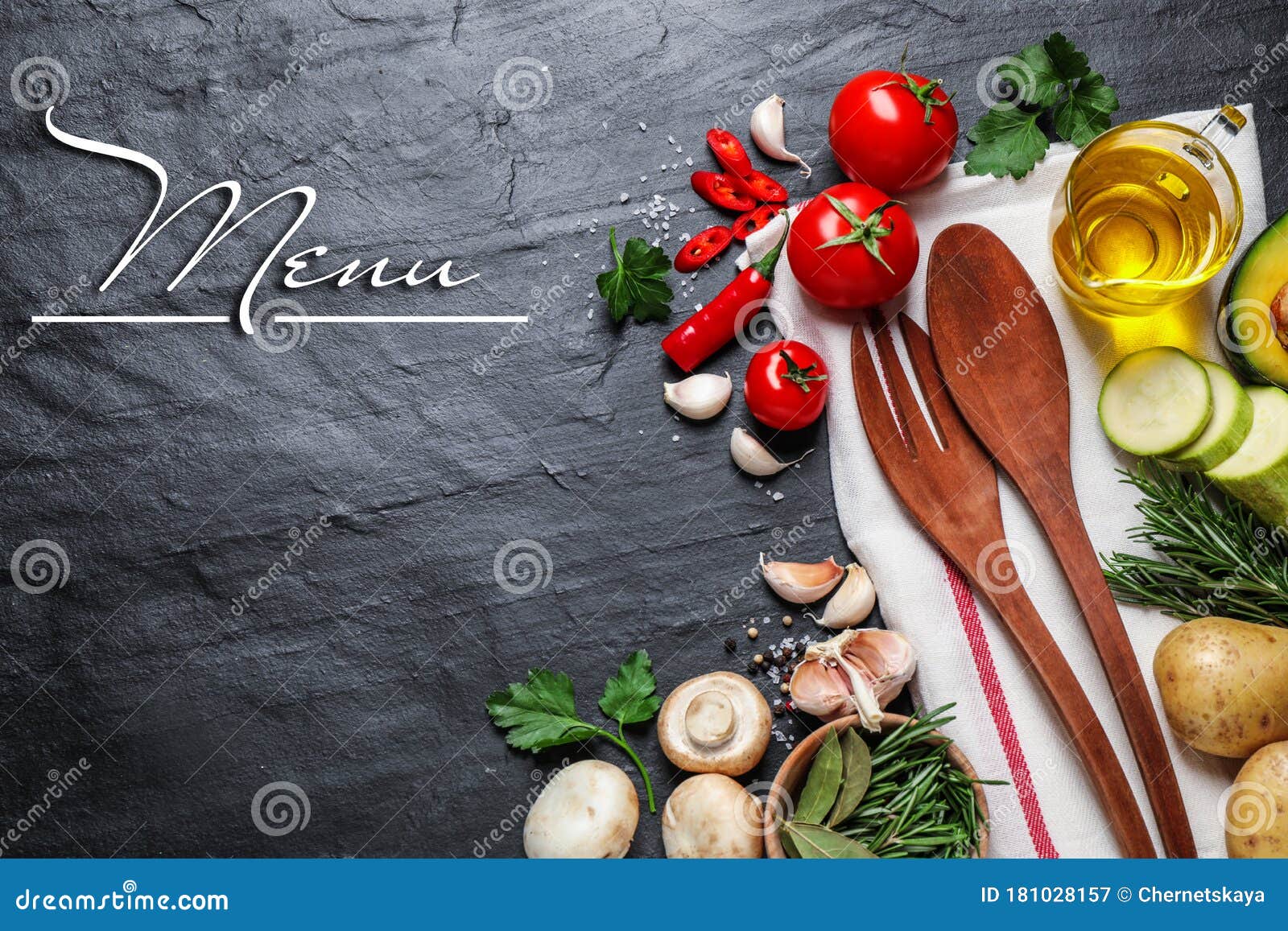 Flat Lay Composition with Fresh Products and Word Menu on Table, Space ...
