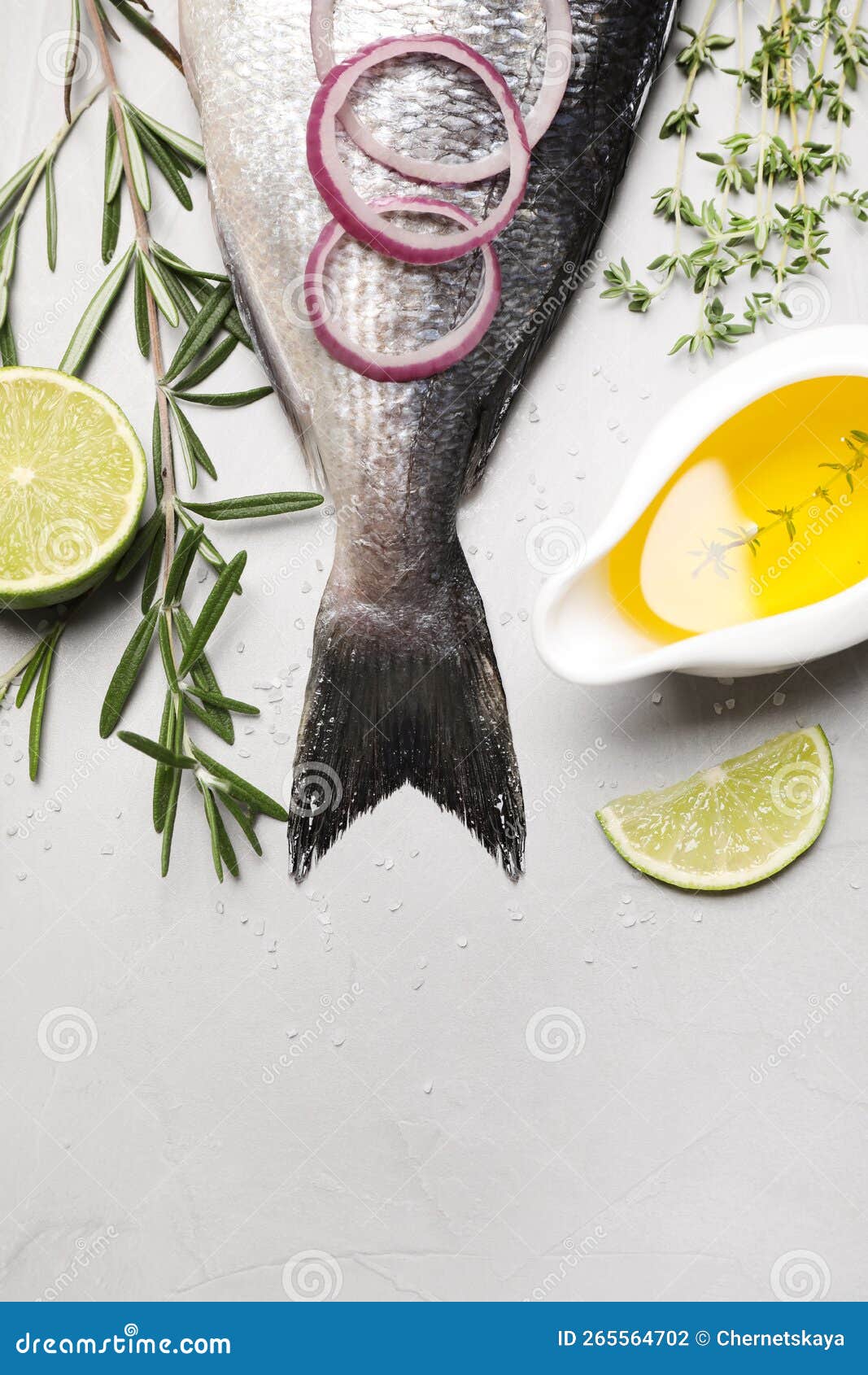 Flat Lay Composition with Fresh Raw Dorado Fish and Ingredients on ...