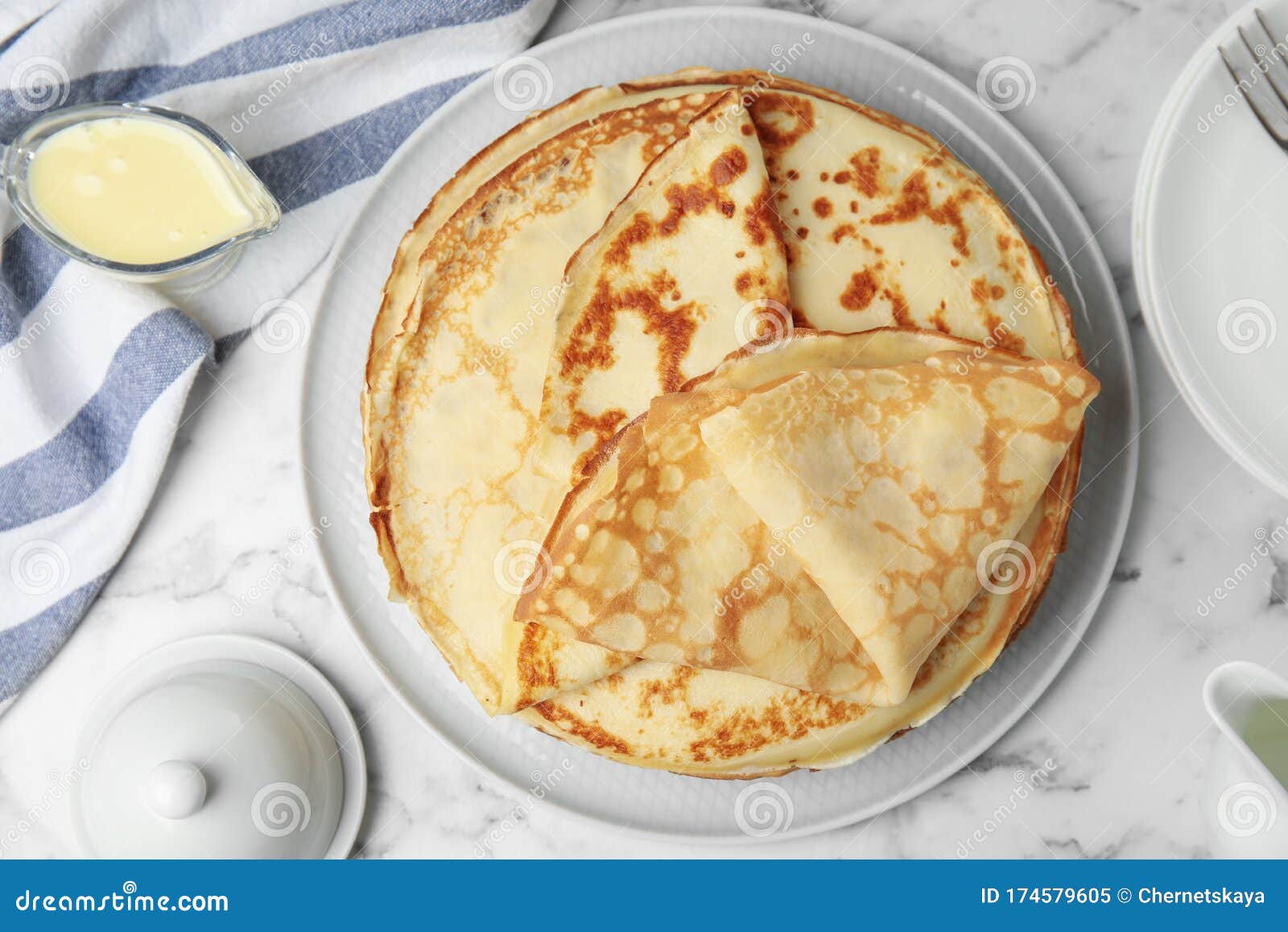 Flat Lay Composition with Fresh Thin Pancakes on White Marble Table ...