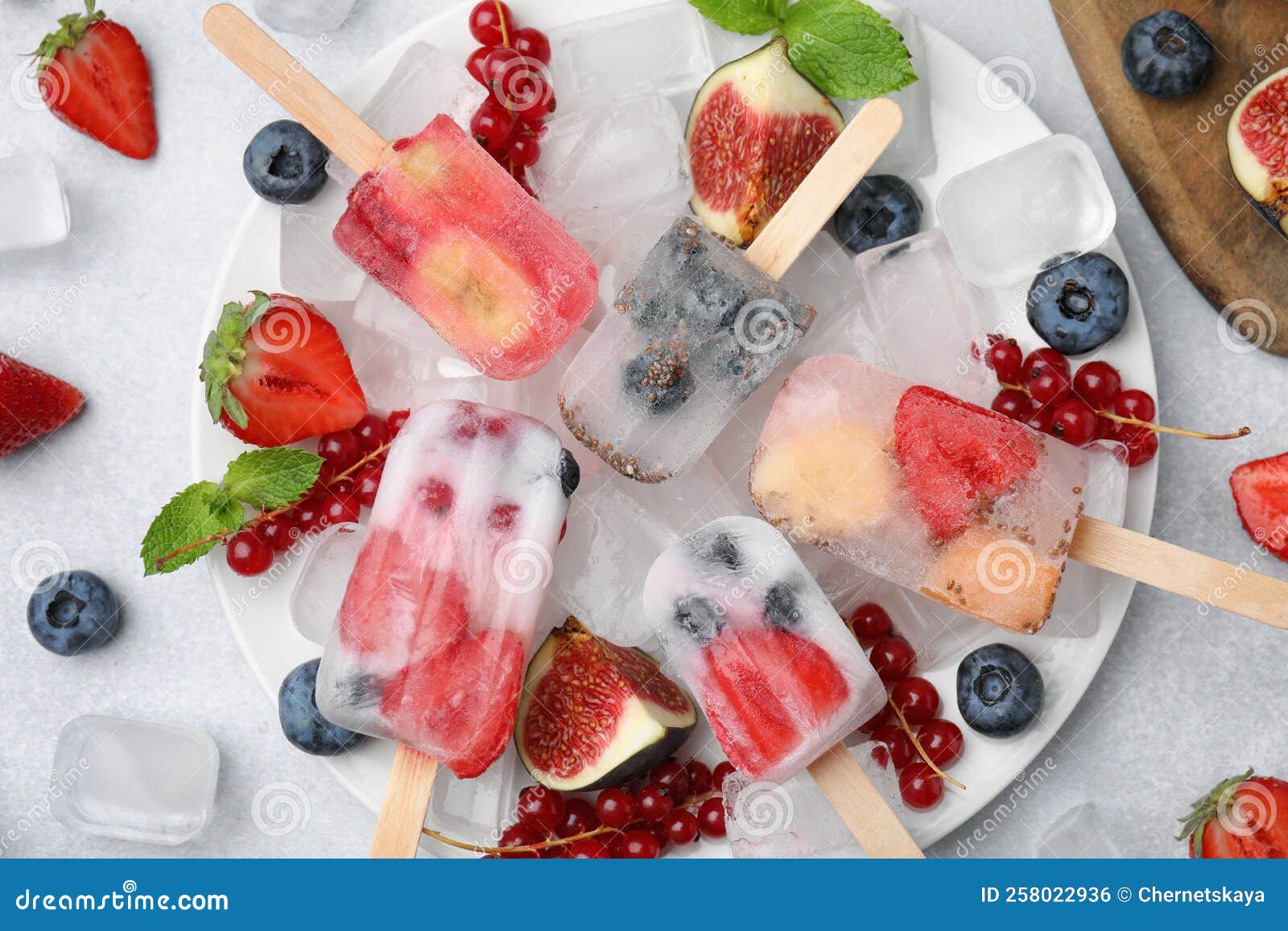 Flat Lay Composition with Fruit and Berry Ice Pops on White Table Stock Photo - Image of ...
