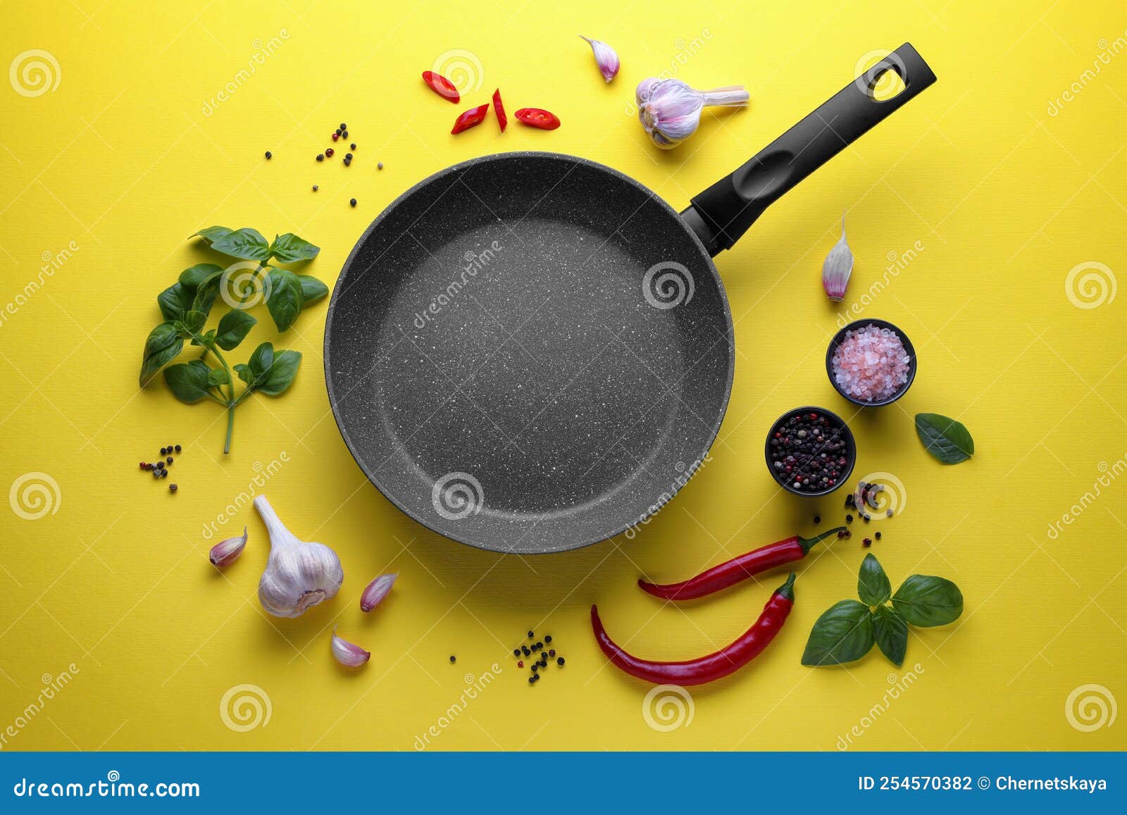 Flat Lay Composition with Frying Pan and Fresh Products on Yellow ...