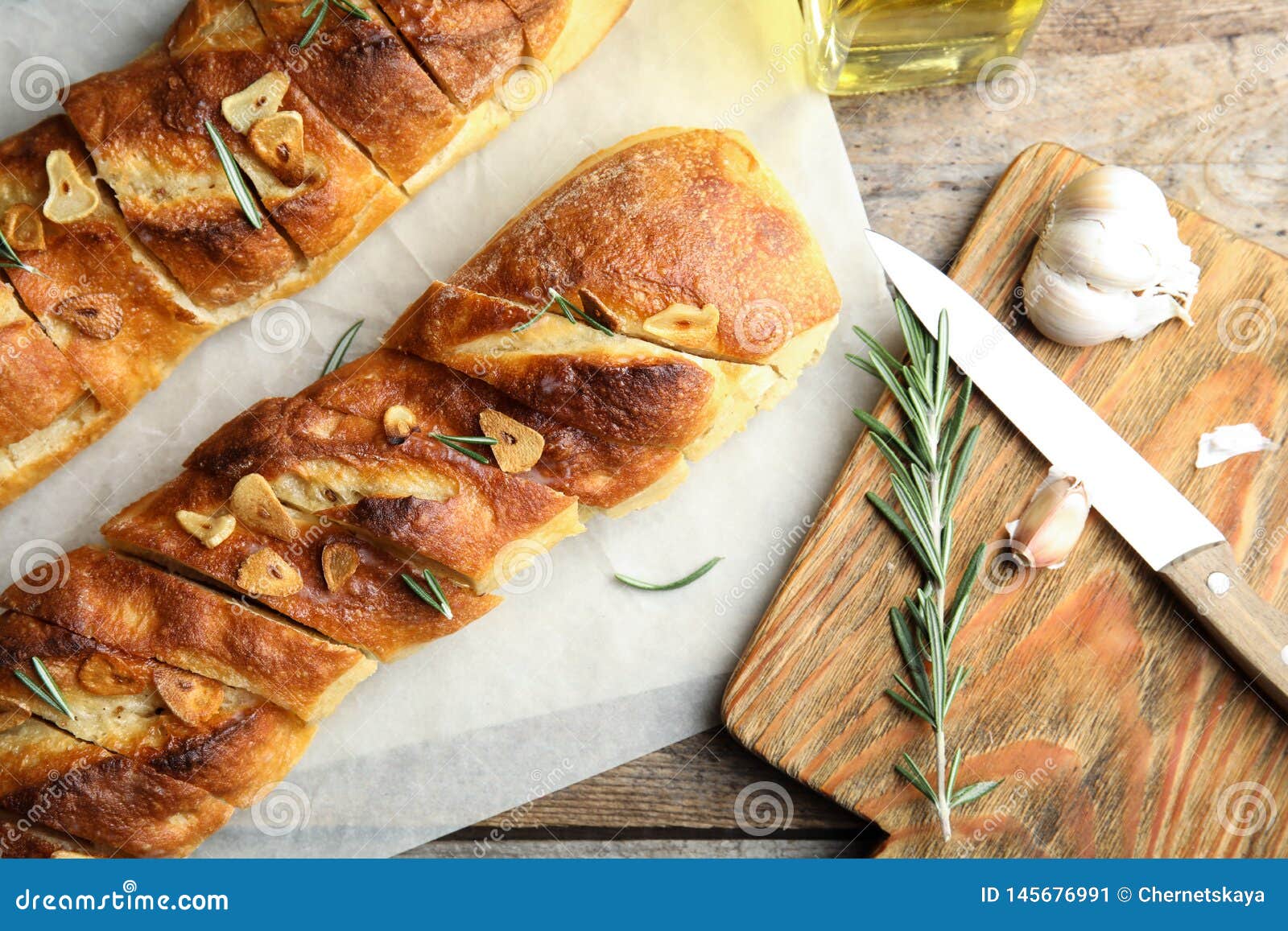 Flat Lay Composition with Garlic Bread Stock Image - Image of healthy ...