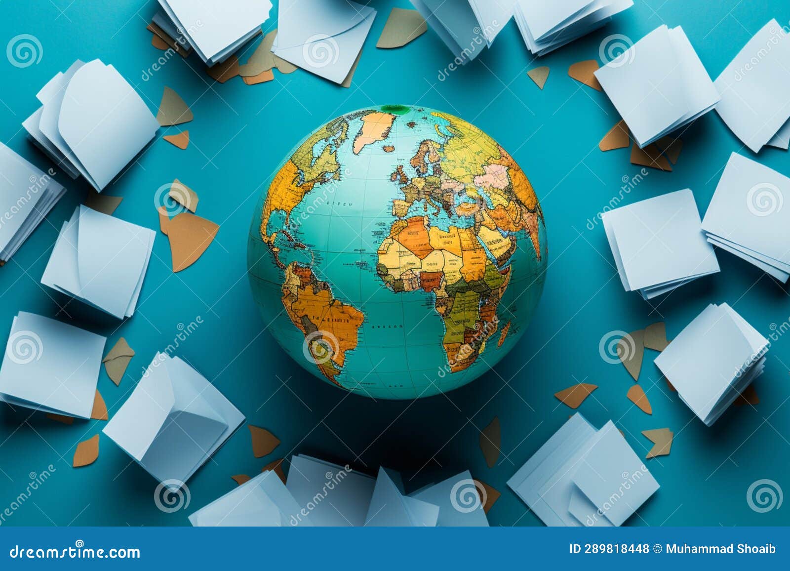 Flat Lay Composition a Globe Surrounded by Scattered Sheets of Paper ...