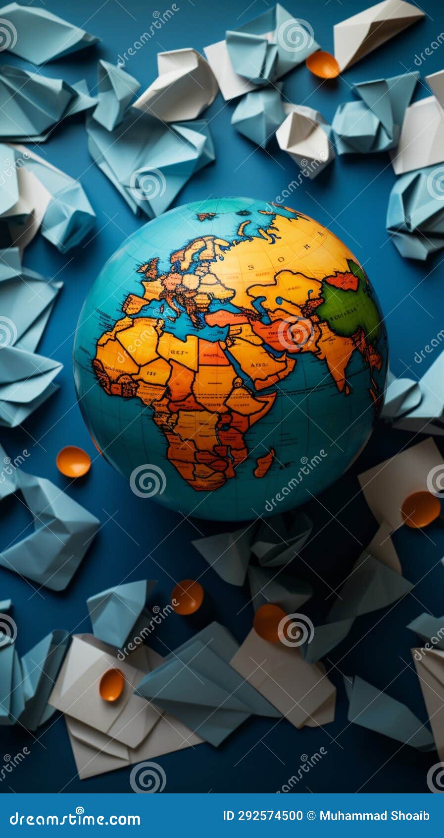 Flat Lay Composition a Globe Surrounded by Scattered Sheets of Paper ...