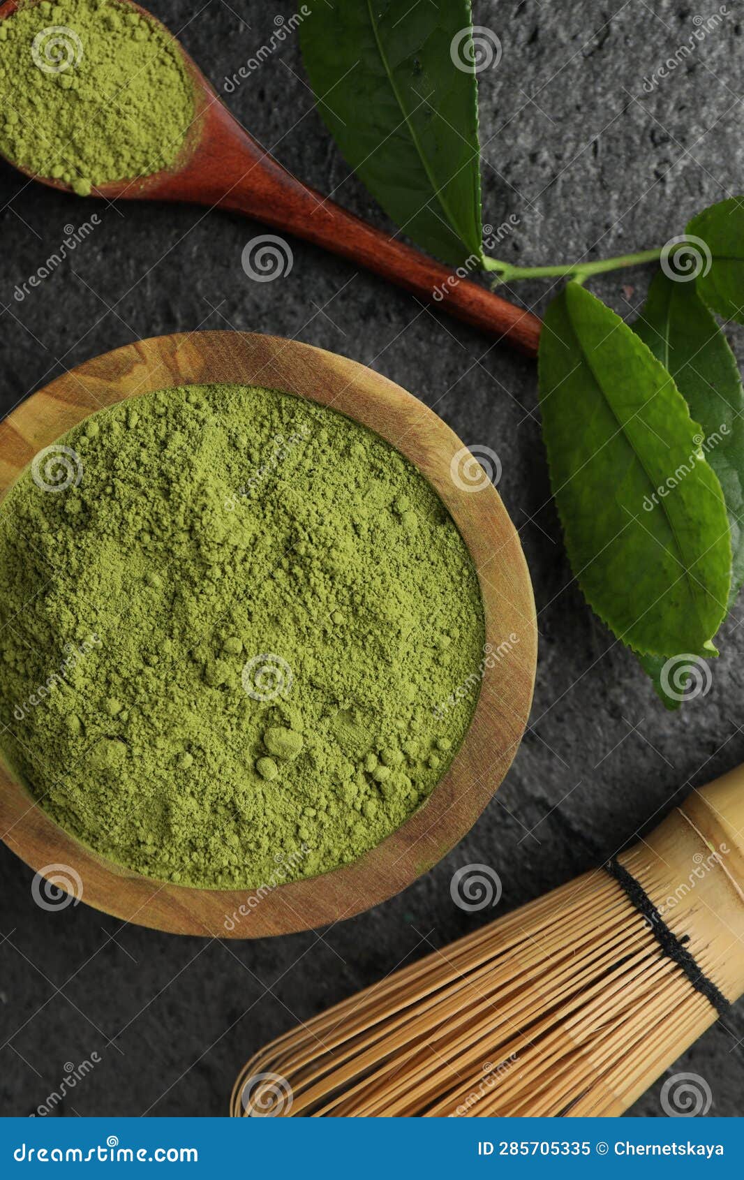 Flat Lay Composition with Green Matcha Powder on Grey Table Stock Image ...