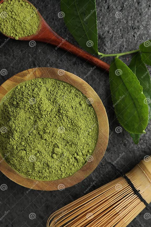 Flat Lay Composition with Green Matcha Powder on Grey Table Stock Image ...