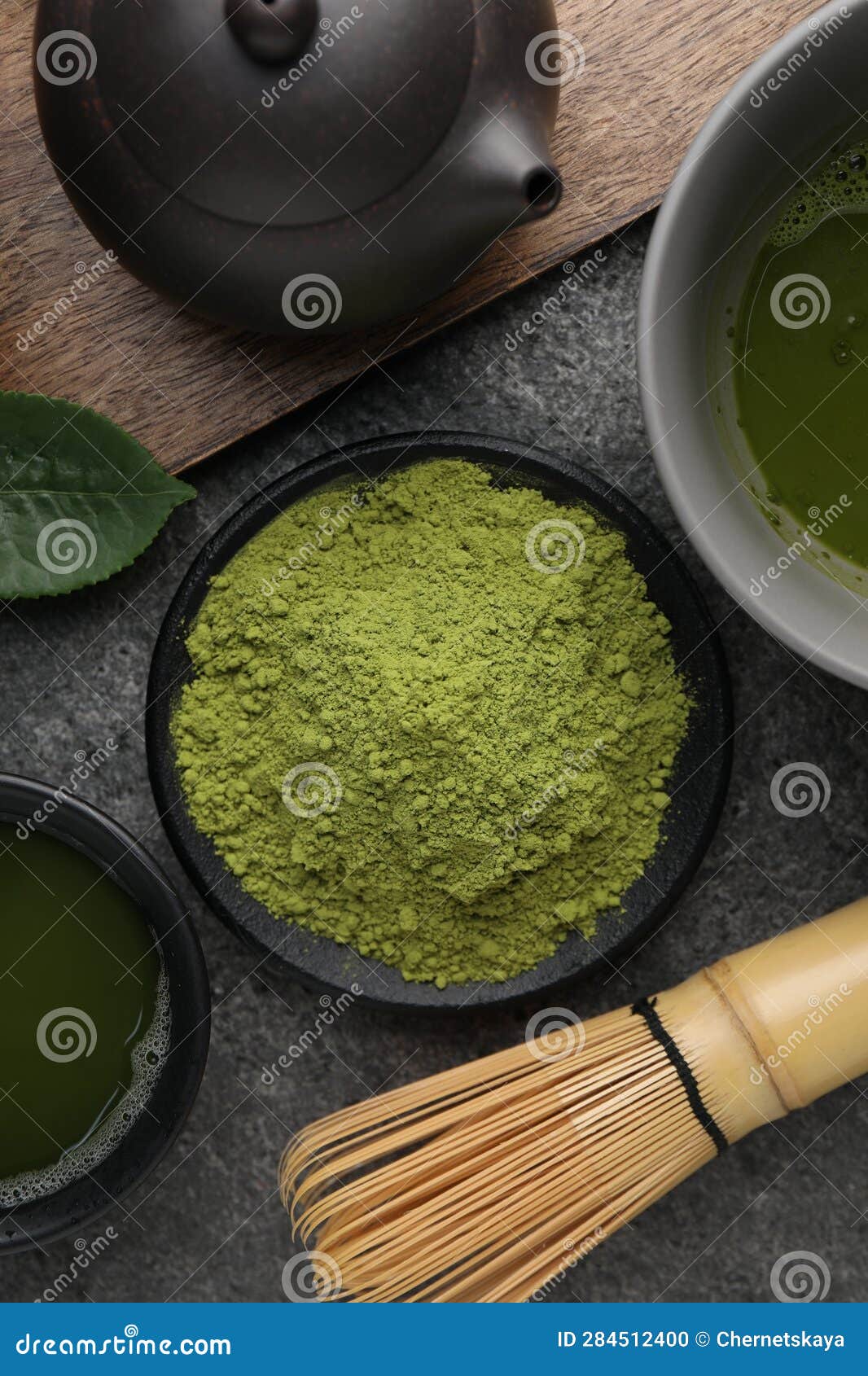 Flat Lay Composition with Green Matcha Powder on Grey Table Stock Photo ...