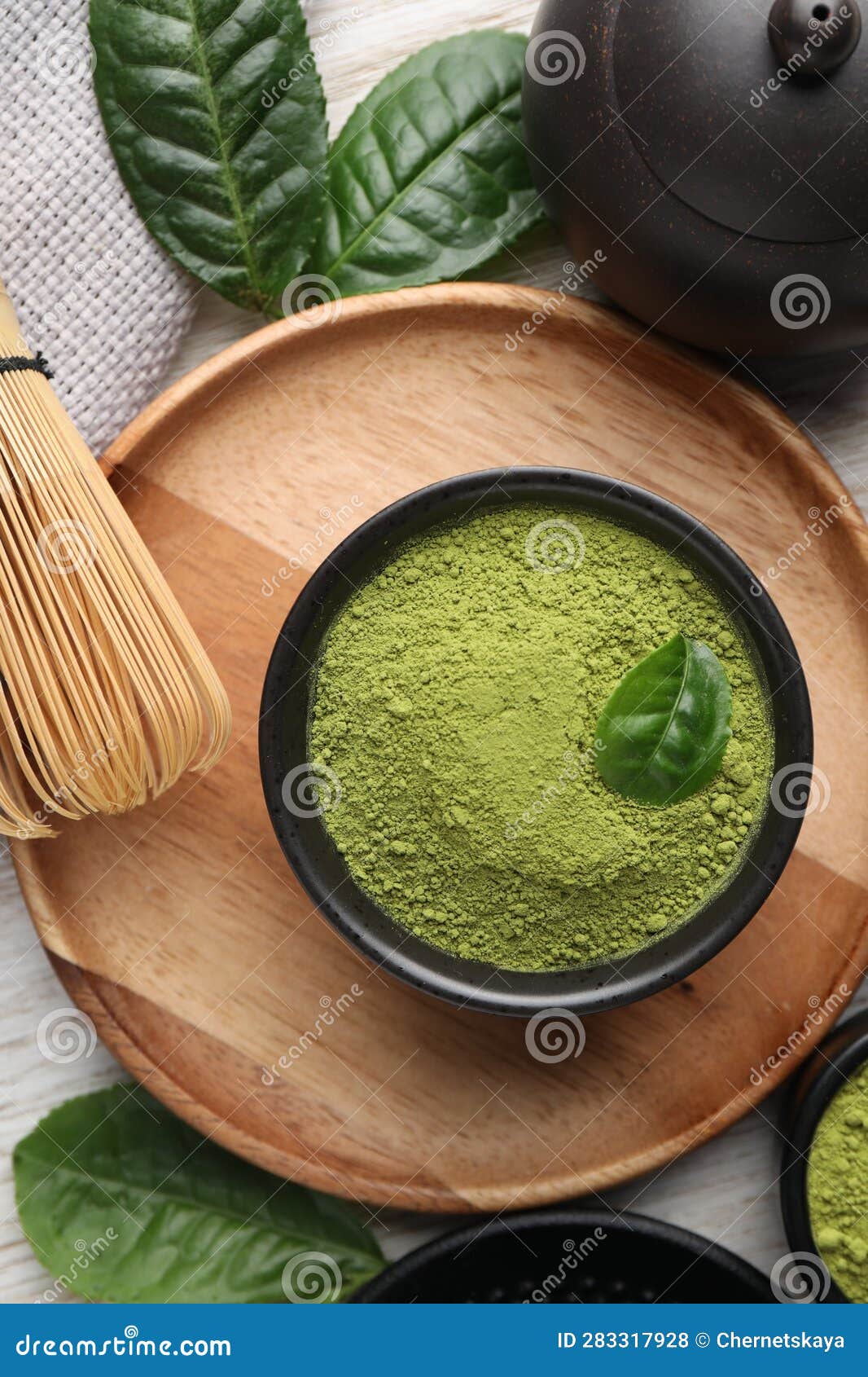 Flat Lay Composition with Green Matcha Powder on Table Stock Photo ...