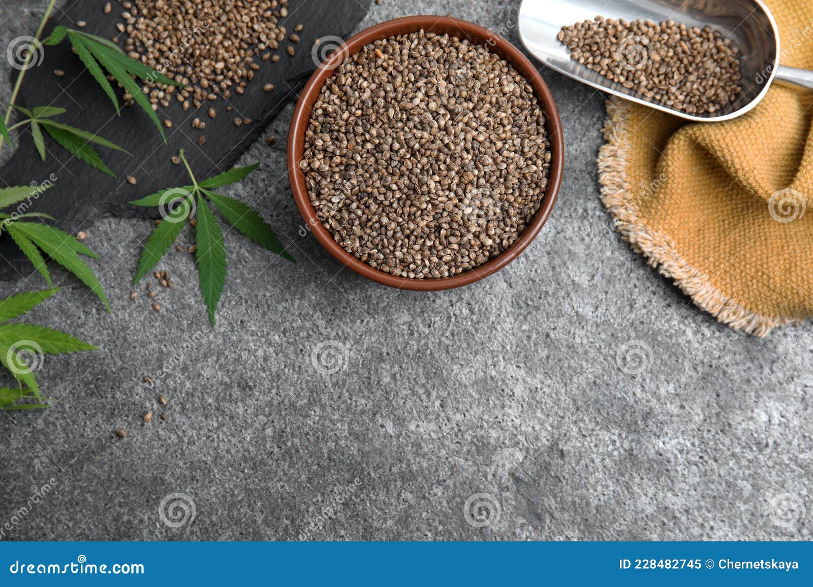 Flat Lay Composition with Hemp Seeds on Grey Table, Space for Text ...