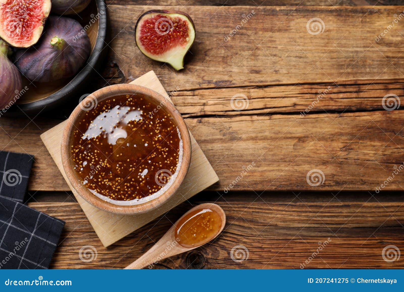 Flat Lay Composition with Homemade Delicious Fig Jam on Wooden Table ...