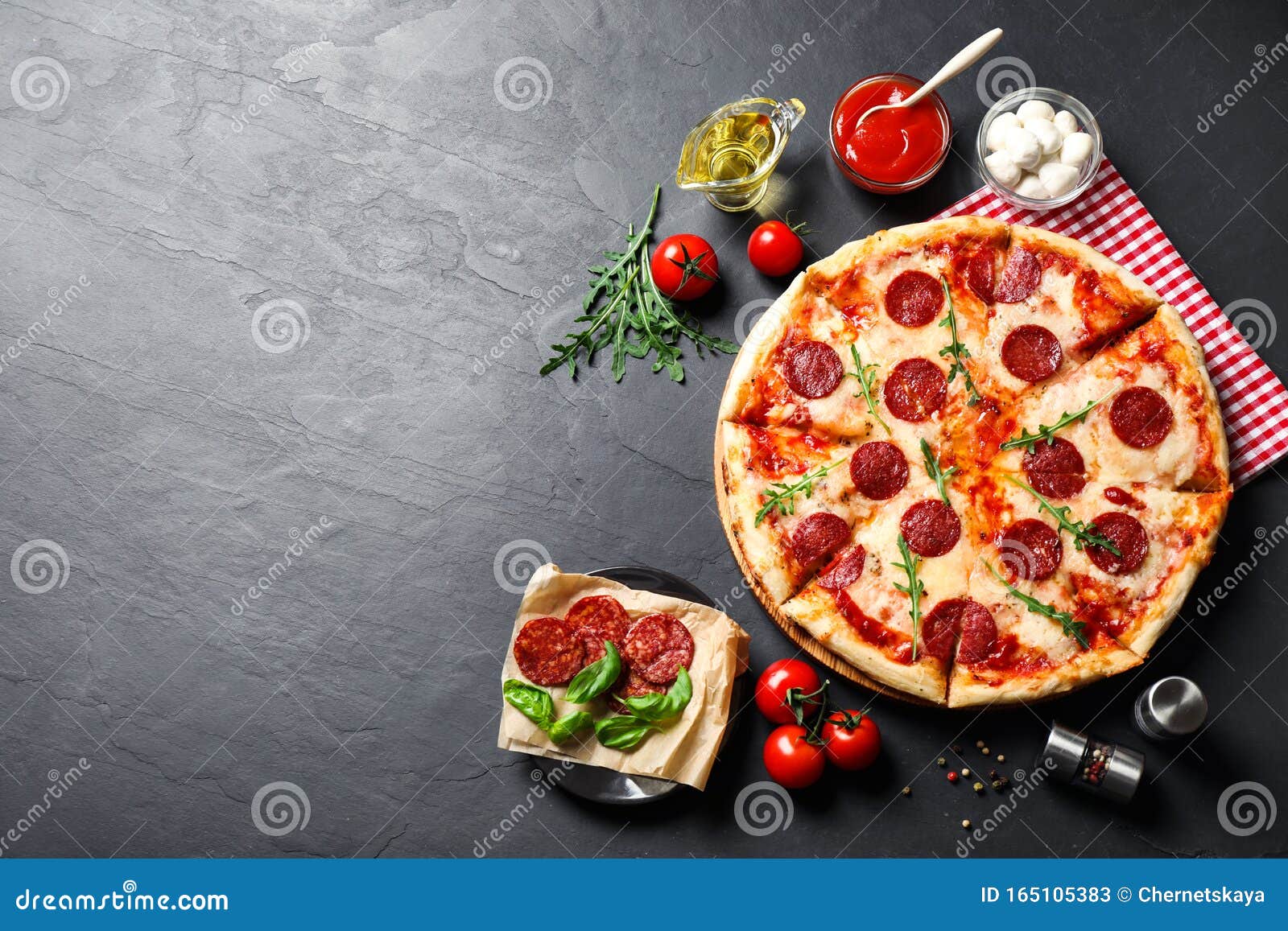 Flat Lay Composition with Hot Pepperoni Pizza on Table. Space for Text ...