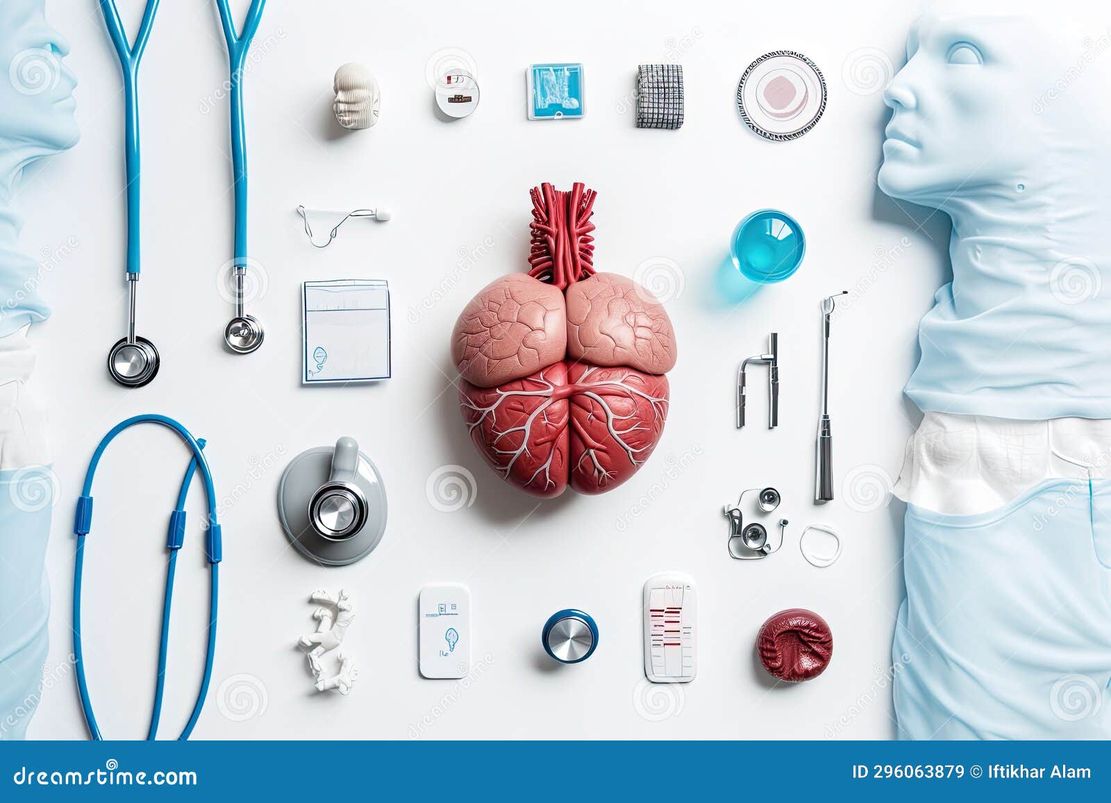 Flat Lay Composition With Human Heart Model And Stethoscope On White ...