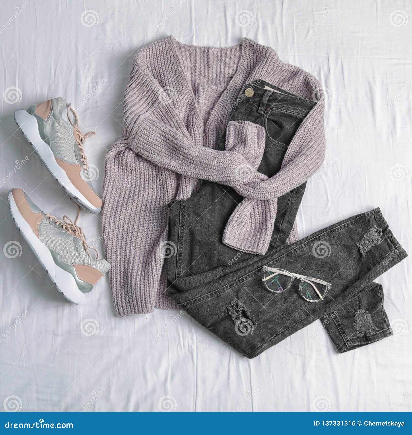 Flat Lay Composition with Jeans, Sweater and Shoes Stock Photo - Image ...