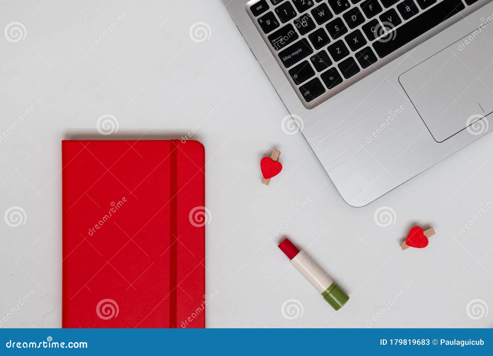 Flat Lay Composition of Laptop with Red Notebook. Workplace at Home ...