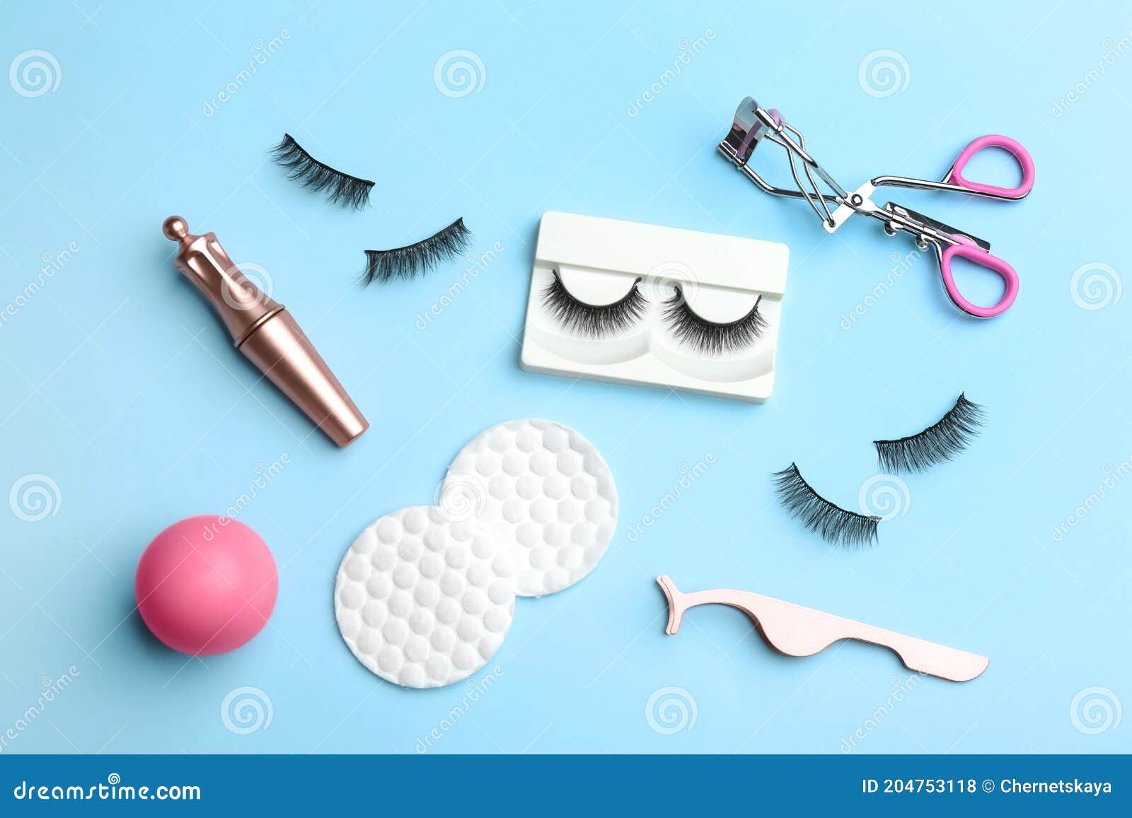 Flat Lay Composition with Magnetic Eyelashes and Accessories on Light ...