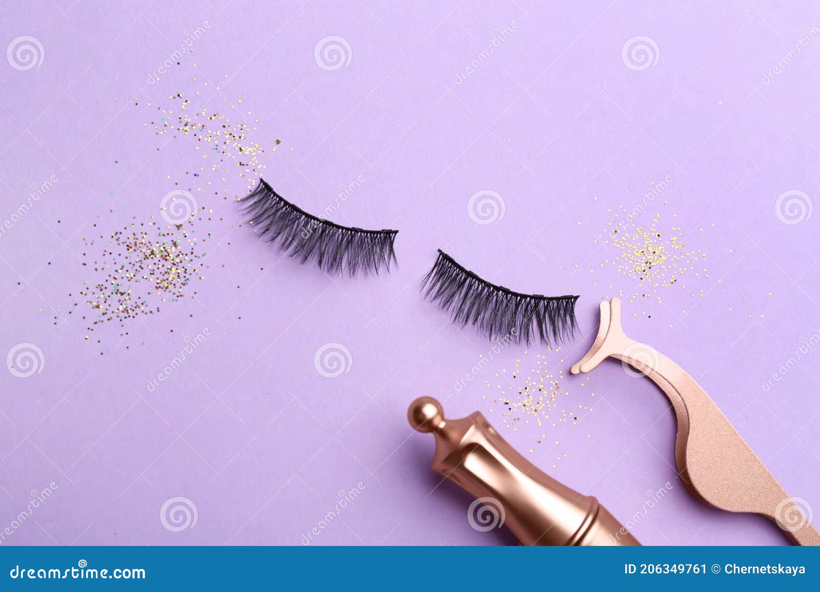 Flat Lay Composition with Magnetic Eyelashes and Accessories on Violet ...