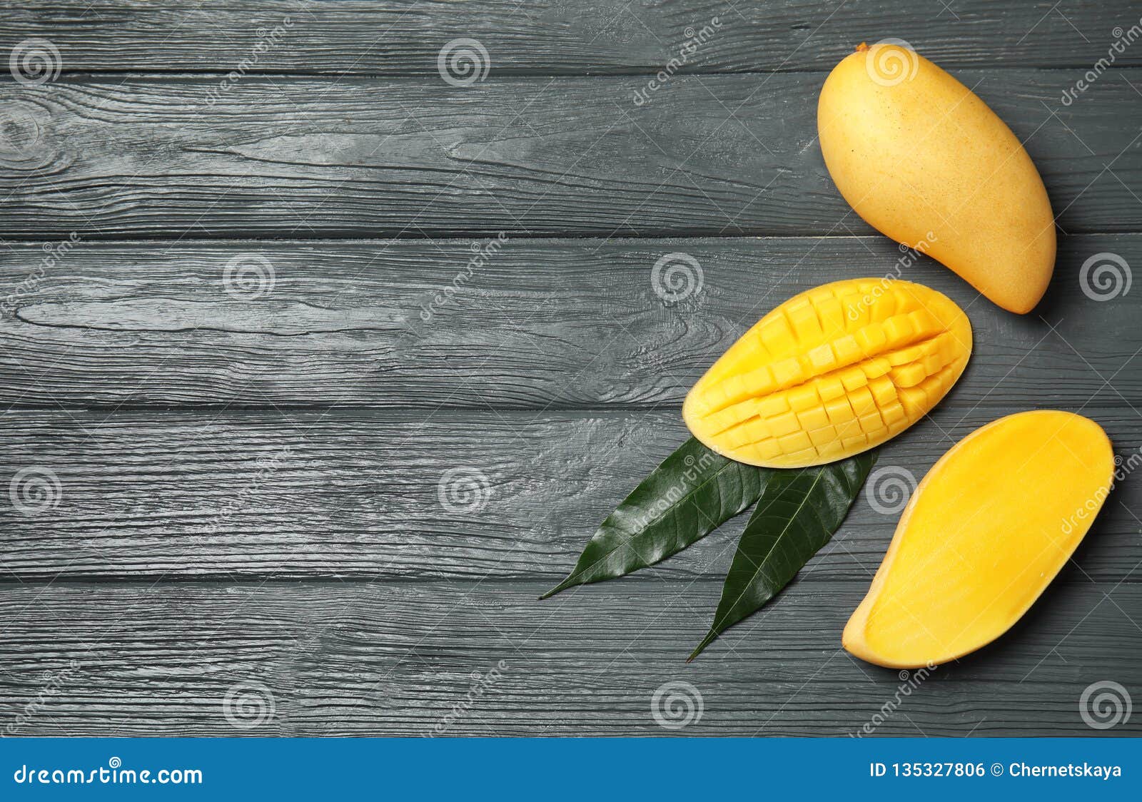 Flat Lay Composition with Mango on Wooden Background. Stock Photo ...