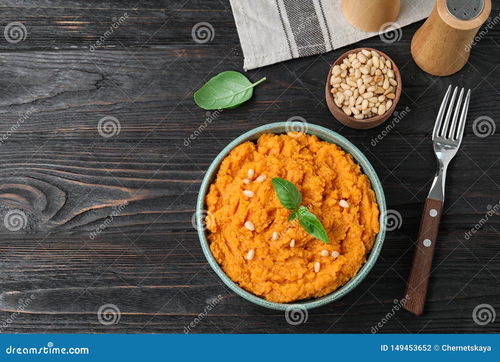 Flat Lay Composition with Mashed Sweet Potatoes on Wooden Background ...