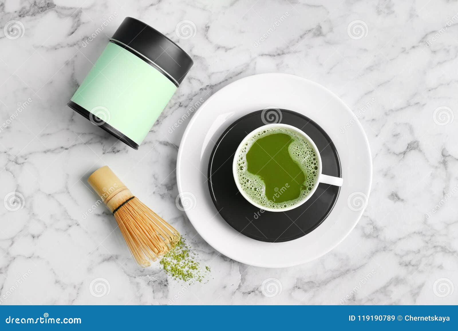 Flat Lay Composition with Matcha Tea Stock Image - Image of aromatic ...
