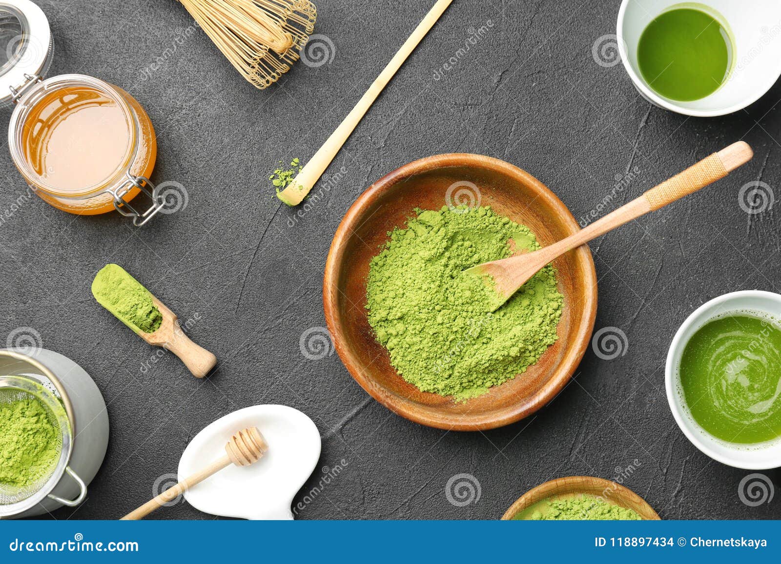Flat Lay Composition with Matcha Tea and Honey Stock Photo - Image of ...