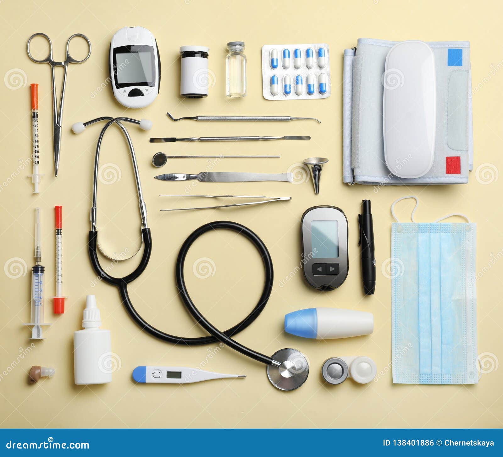 Flat Lay Composition with Medical Objects Stock Photo - Image of ...