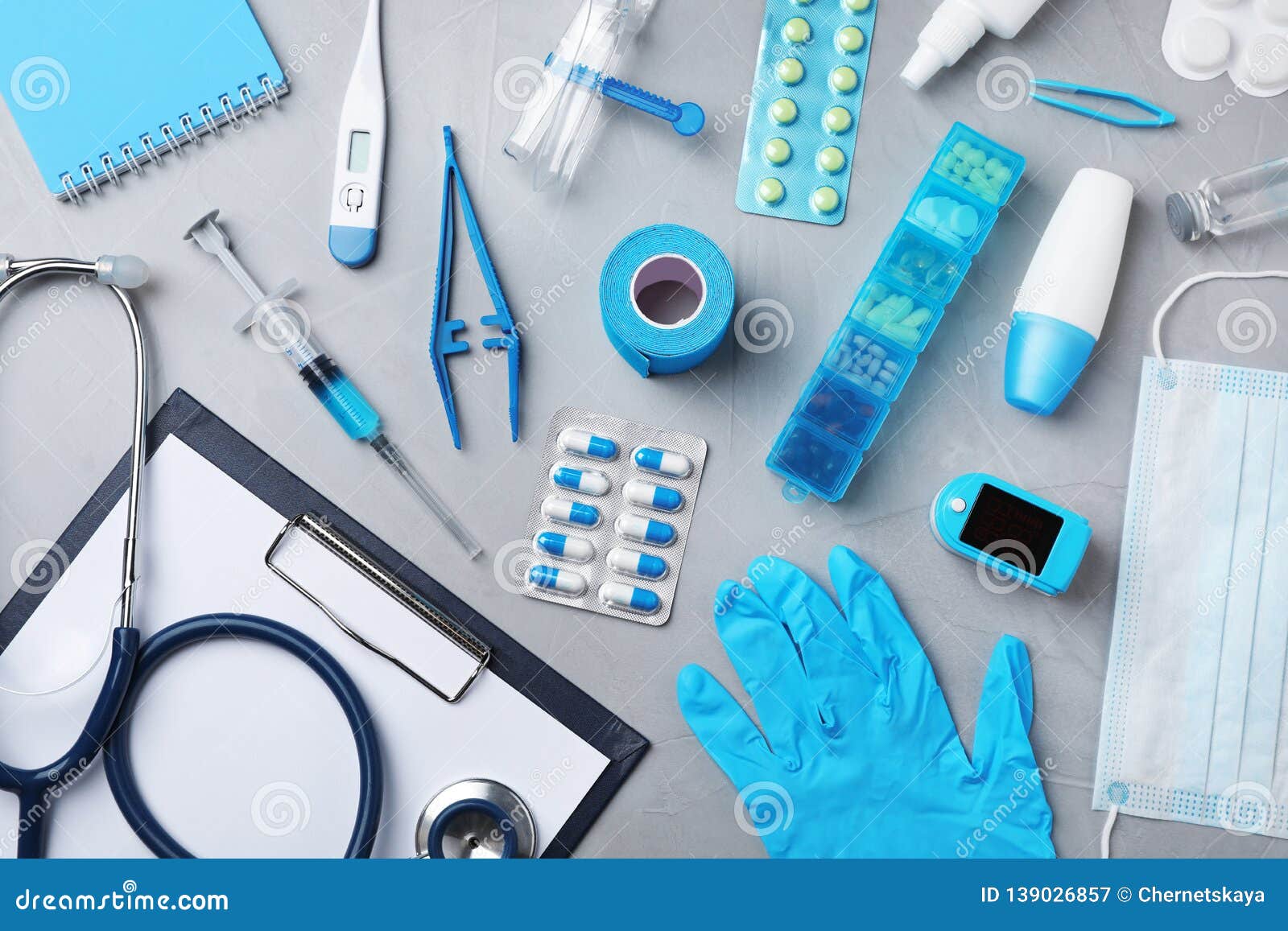 Flat Lay Composition with Medical Objects on Grey Stock Image - Image ...