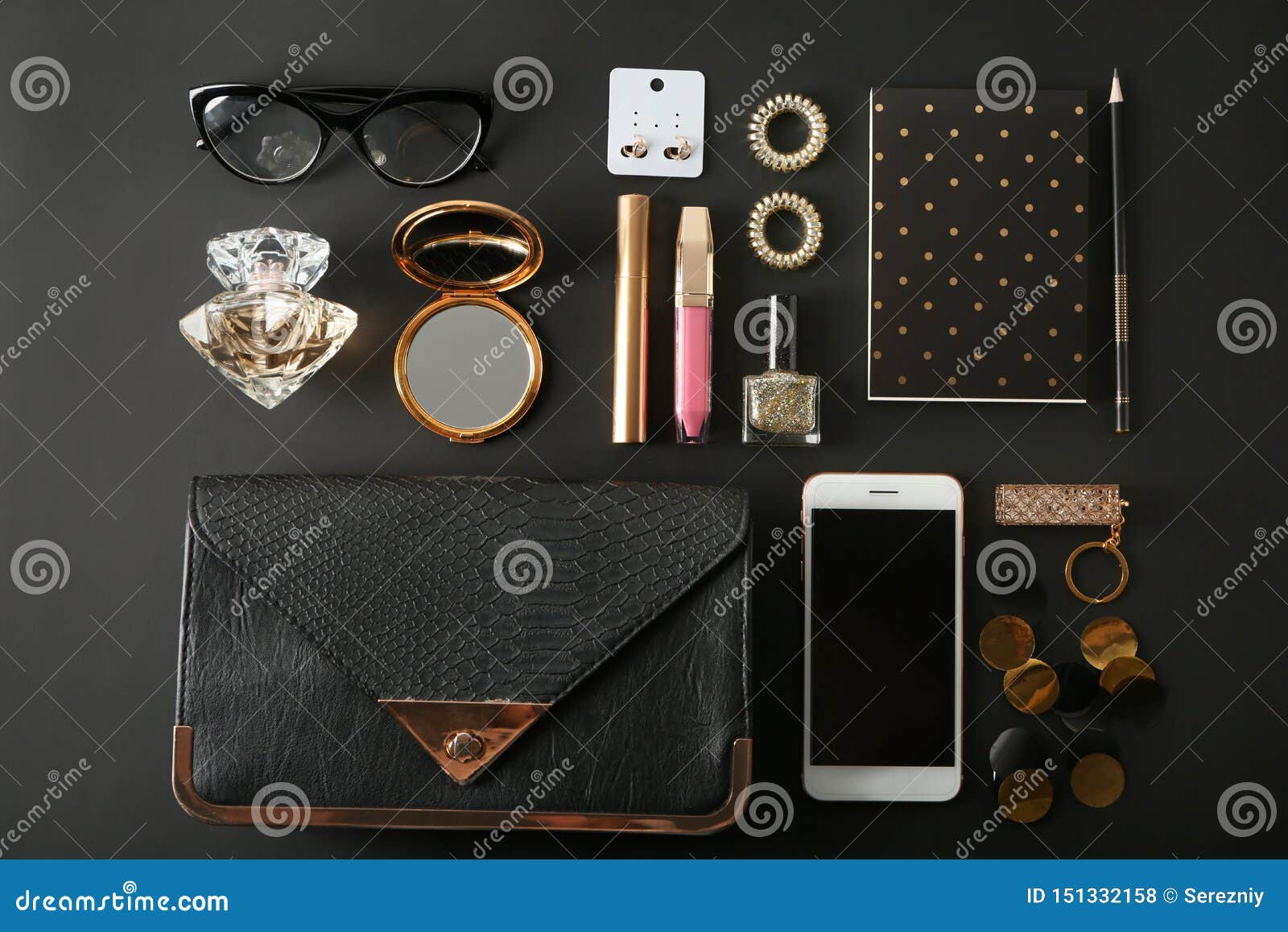 Flat Lay Composition with Mobile Phone, Cosmetics and Accessories on ...
