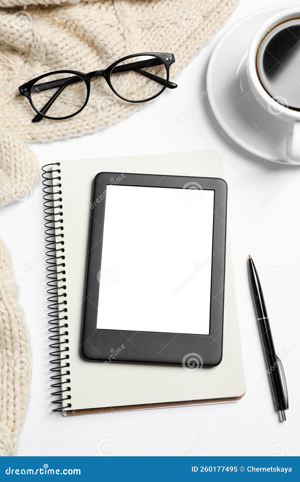 Flat Lay Composition with Modern E-book Reader on White Table Stock ...