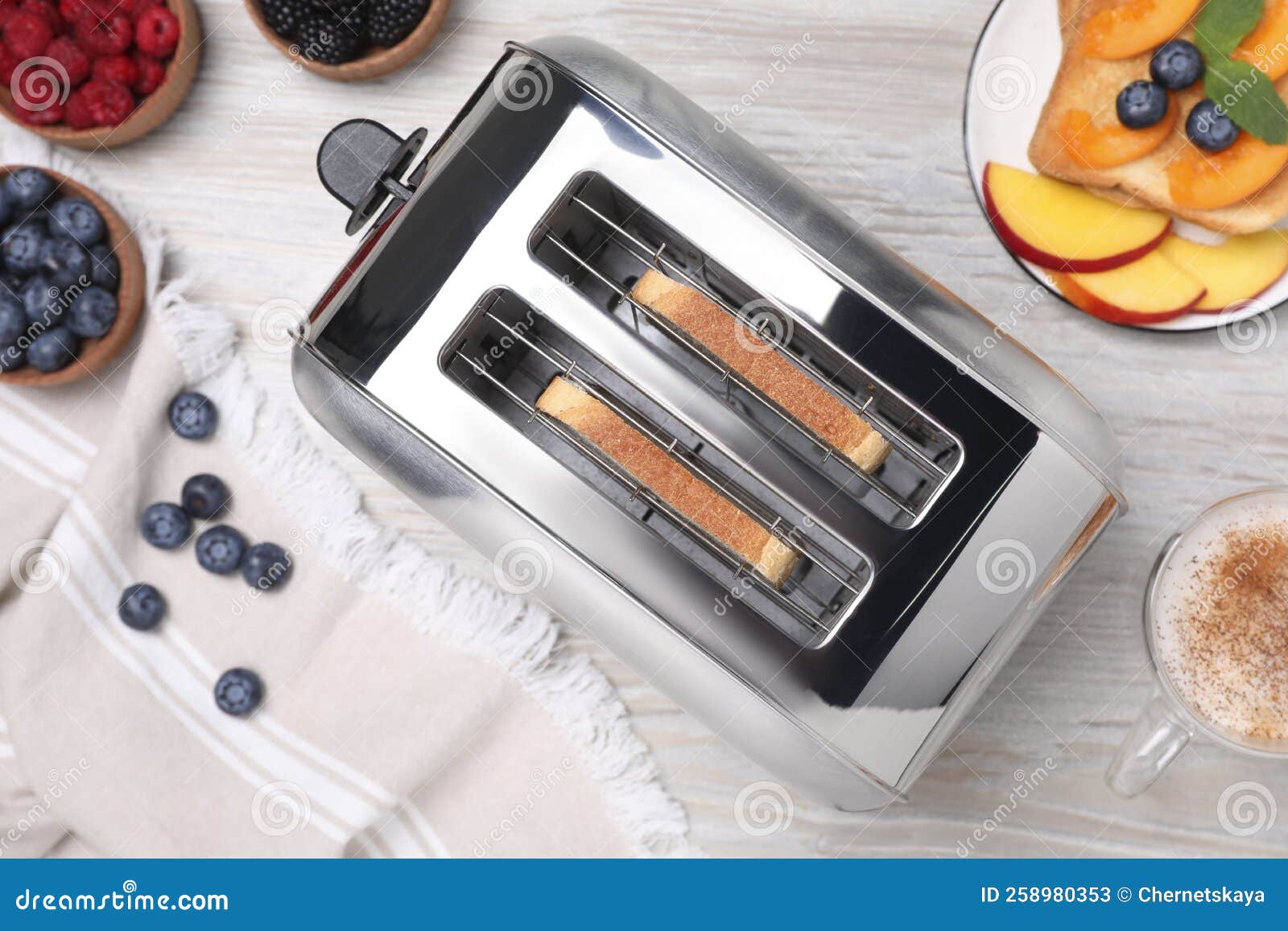 Flat Lay Composition with Modern Toaster on White Wooden Table Stock ...
