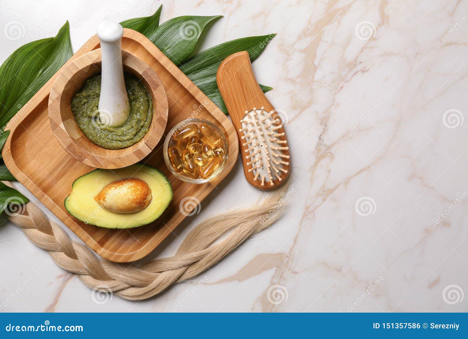 Flat Lay Composition With Natural Ingredients For Hair Care On Marble