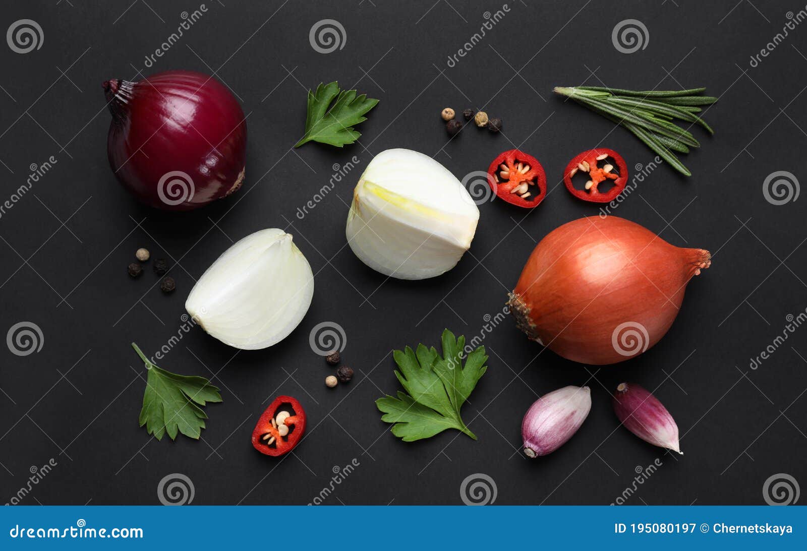 Composition with Onion and Spices on Black Background Stock Image ...
