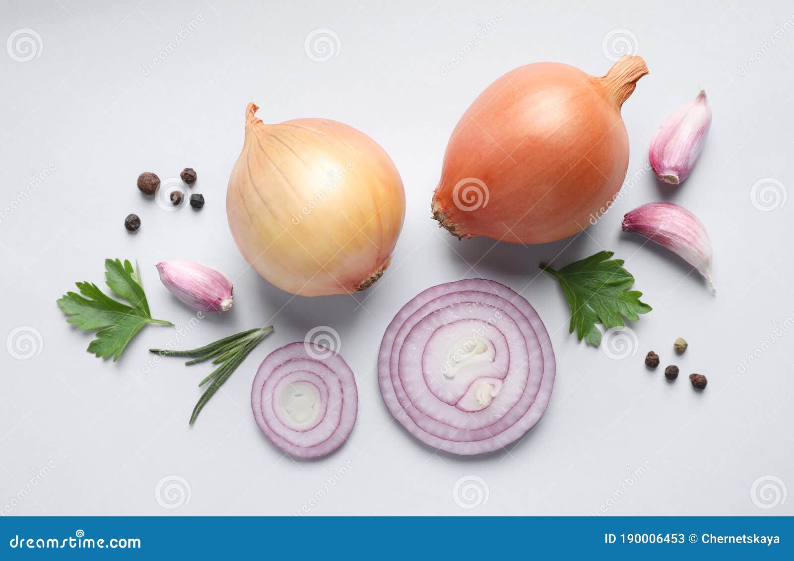 Flat Lay Composition with Onions and Spices on Background Stock Image ...