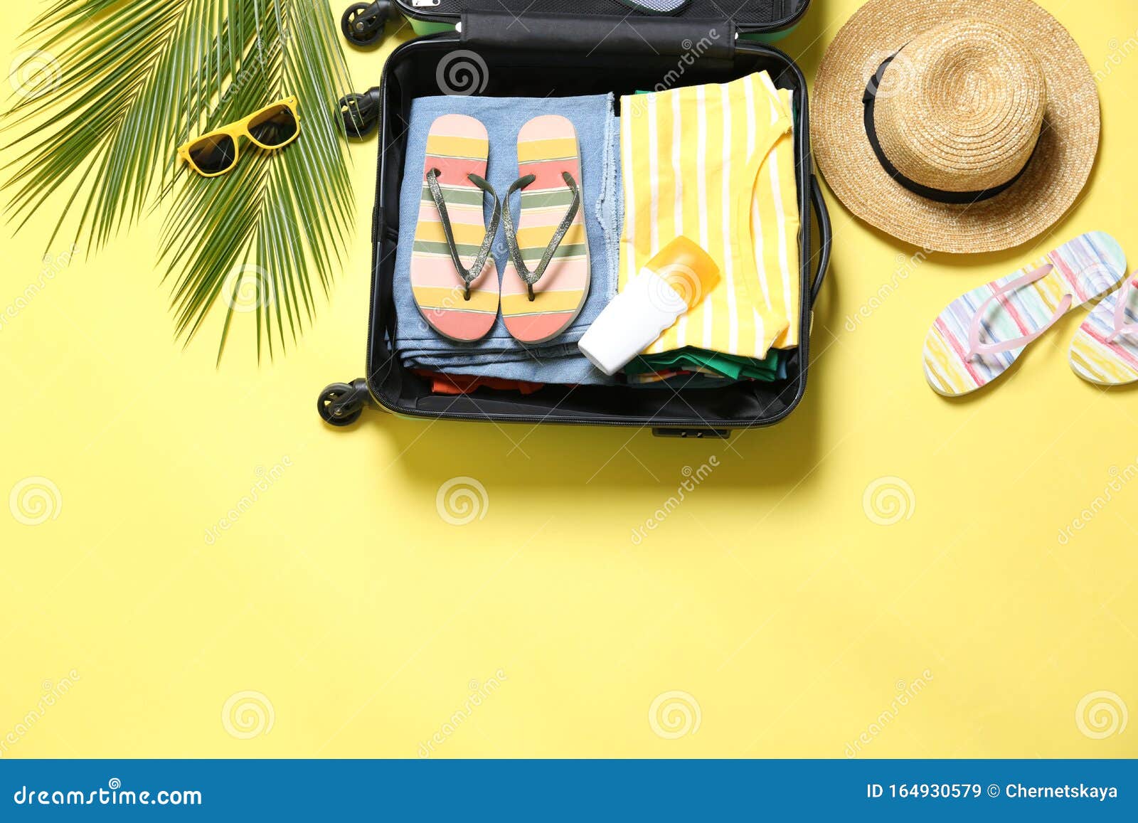 Flat Lay Composition with Open Suitcase on Background Stock Image ...