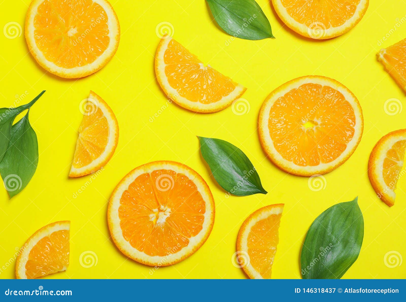 Flat Lay Composition with Oranges and Leaves on Yellow Background Stock ...