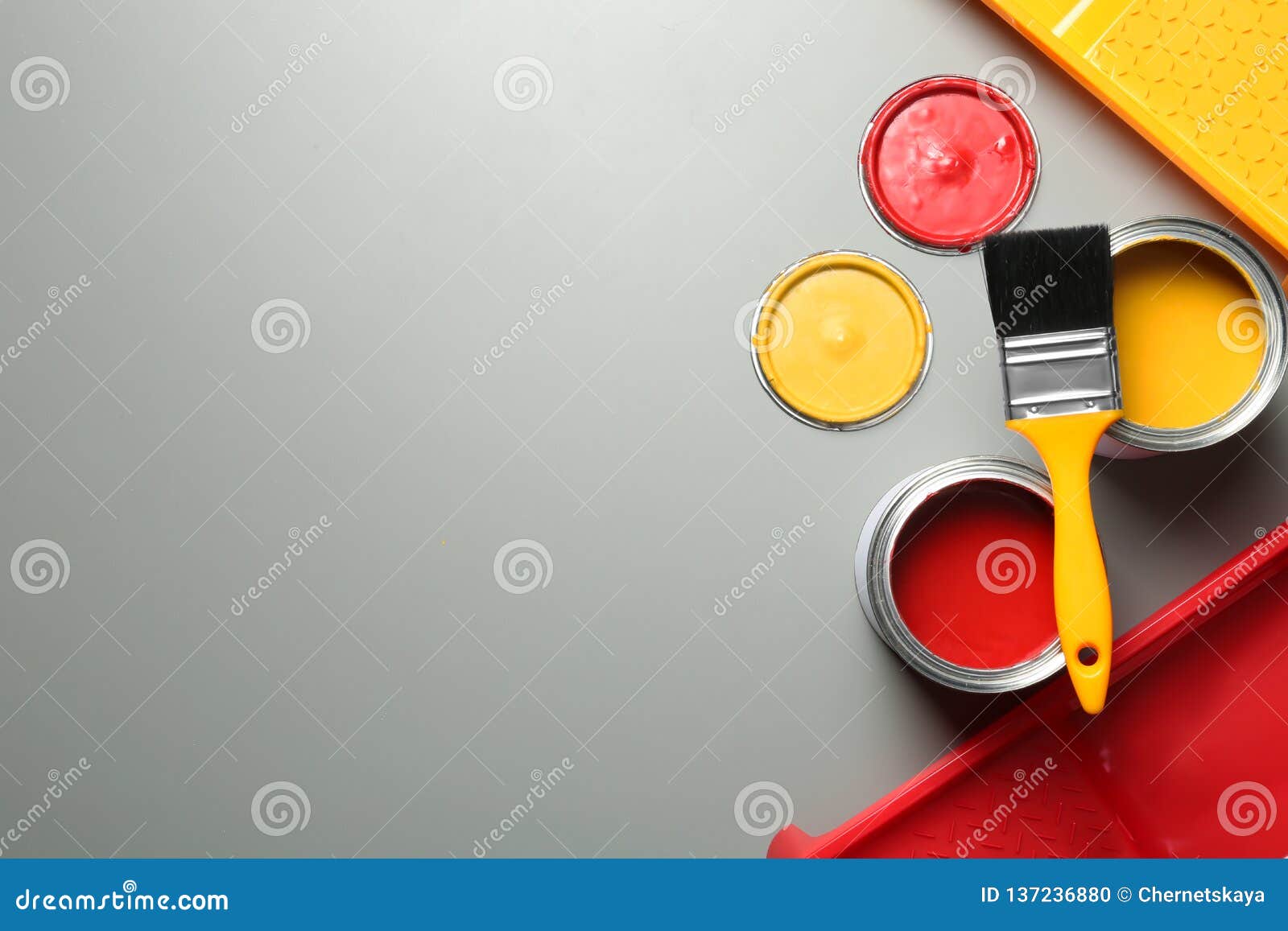Flat Lay Composition with Paint Cans and Brush on Grey. Space for Text ...