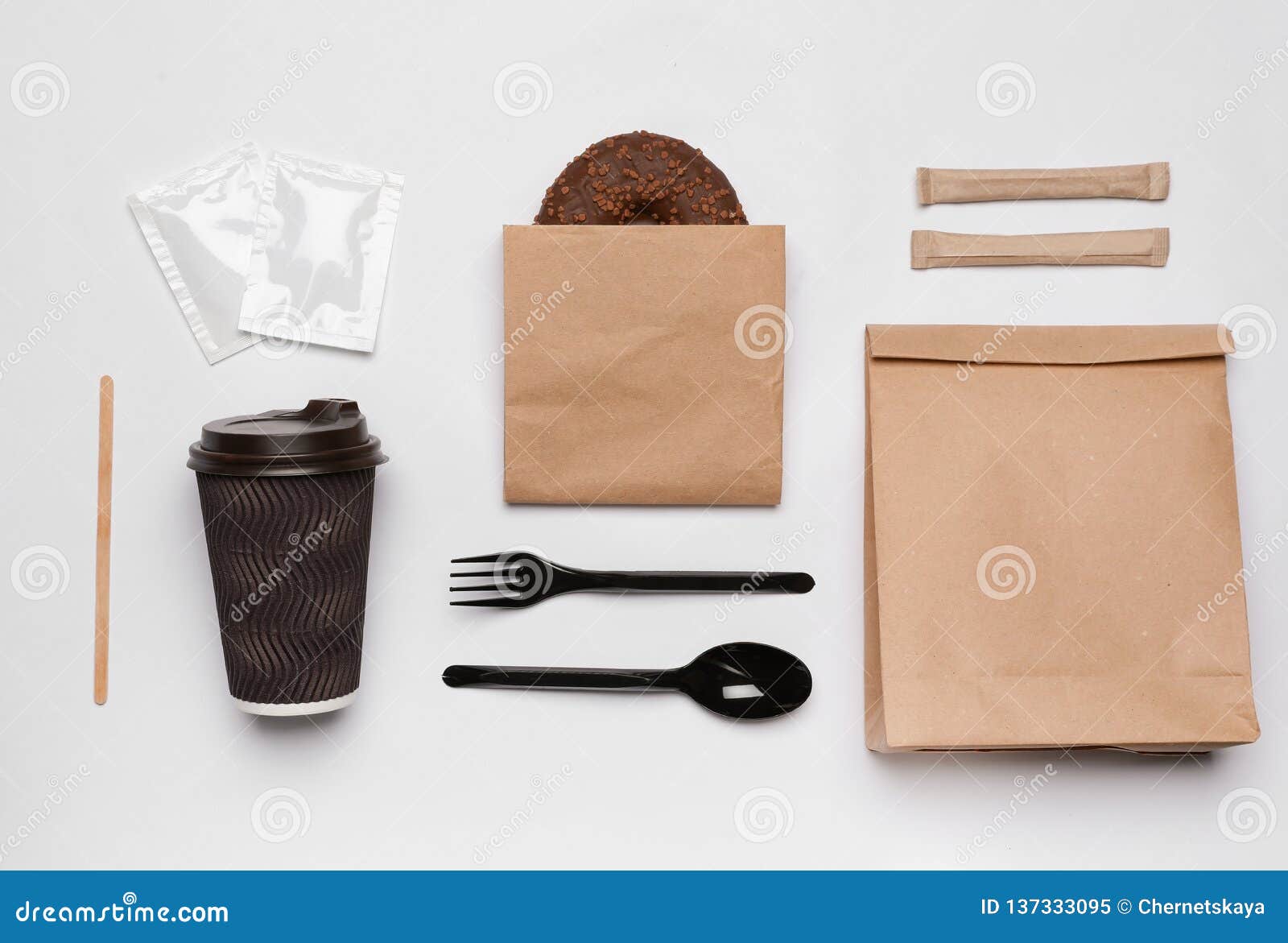 Flat Lay Composition with Paper Bags and Different Takeaway Items on ...