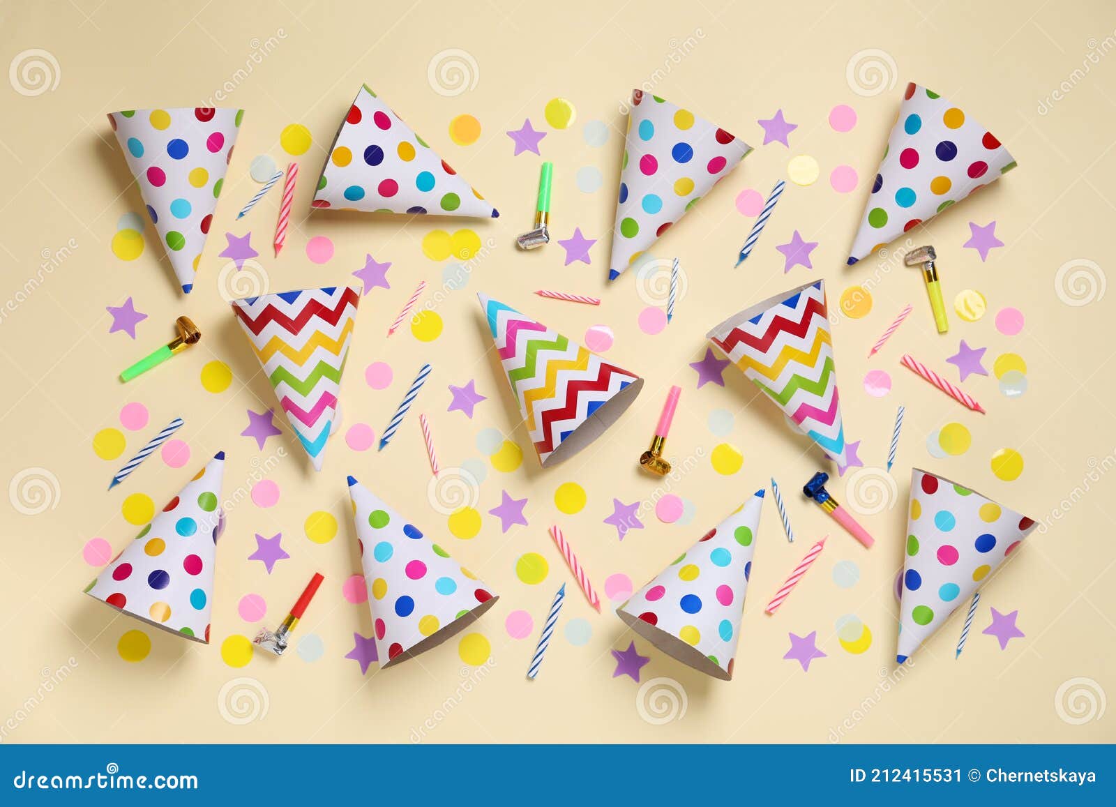 Flat Lay Composition with Party Cones and Confetti on Beige Background ...
