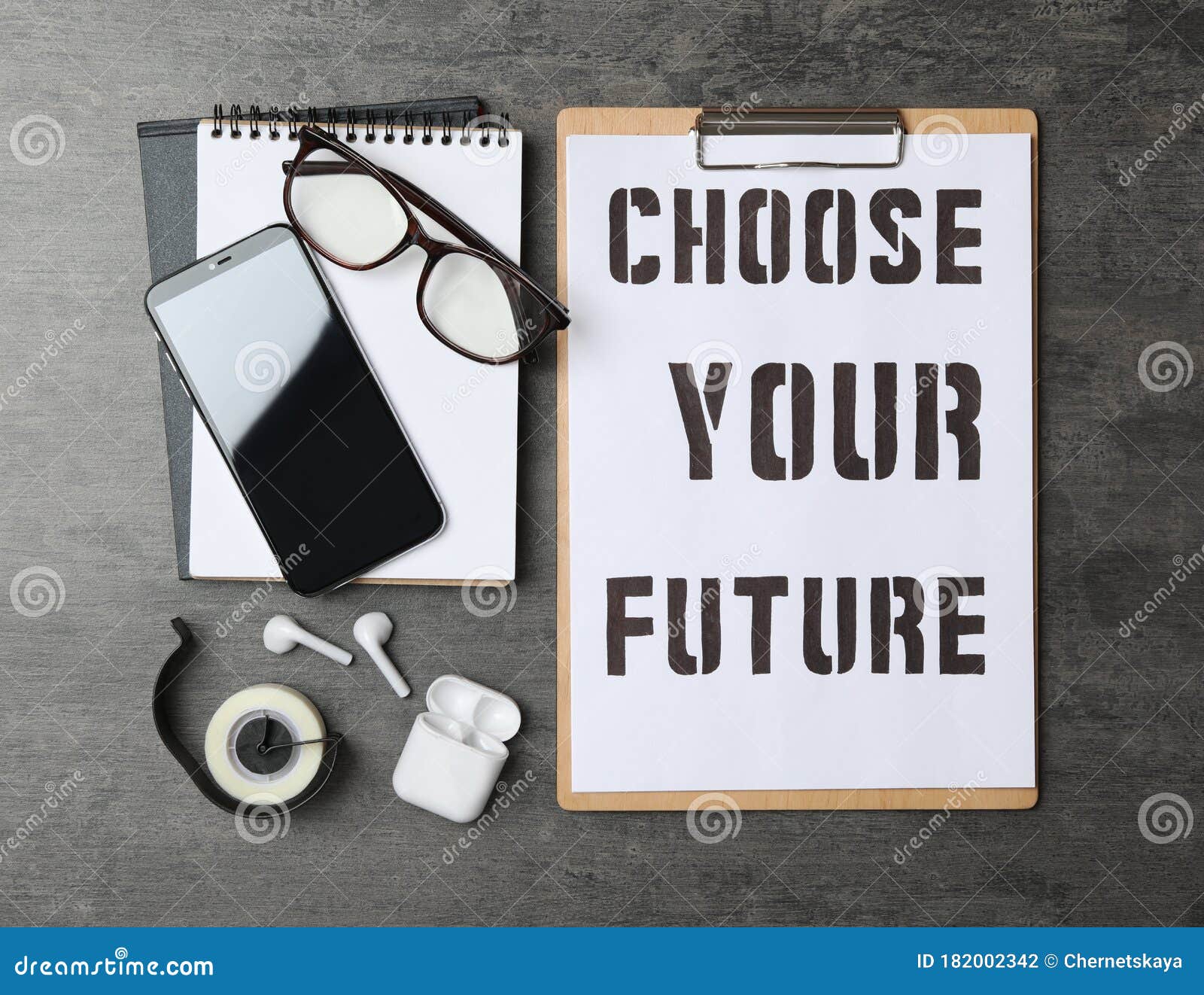Flat Lay Composition with Phrase CHOOSE YOUR FUTURE on Grey Background ...