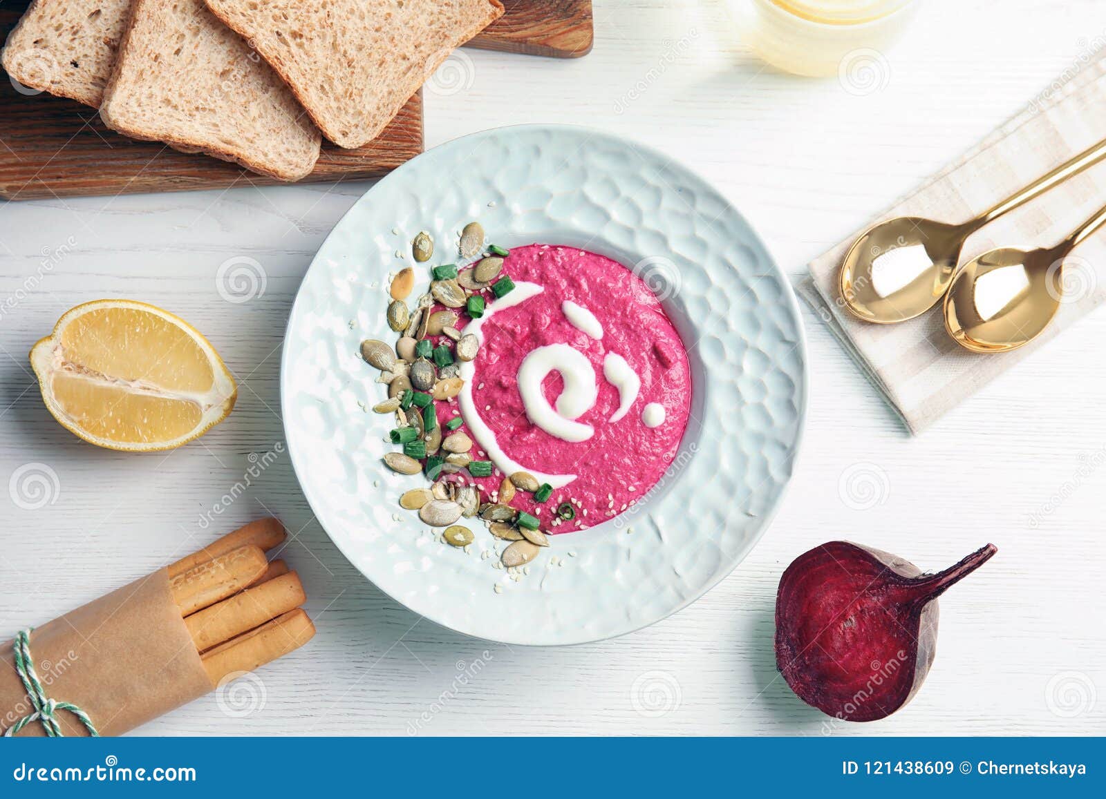 Flat Lay Composition with Plate of Beet Hummus Stock Image - Image of ...