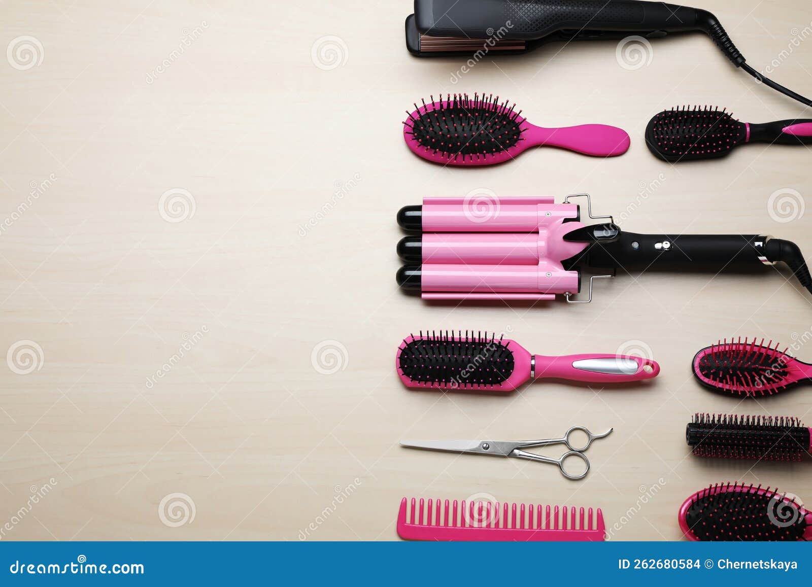 Flat Lay Composition of Professional Hairdresser Tools on Beige Table ...