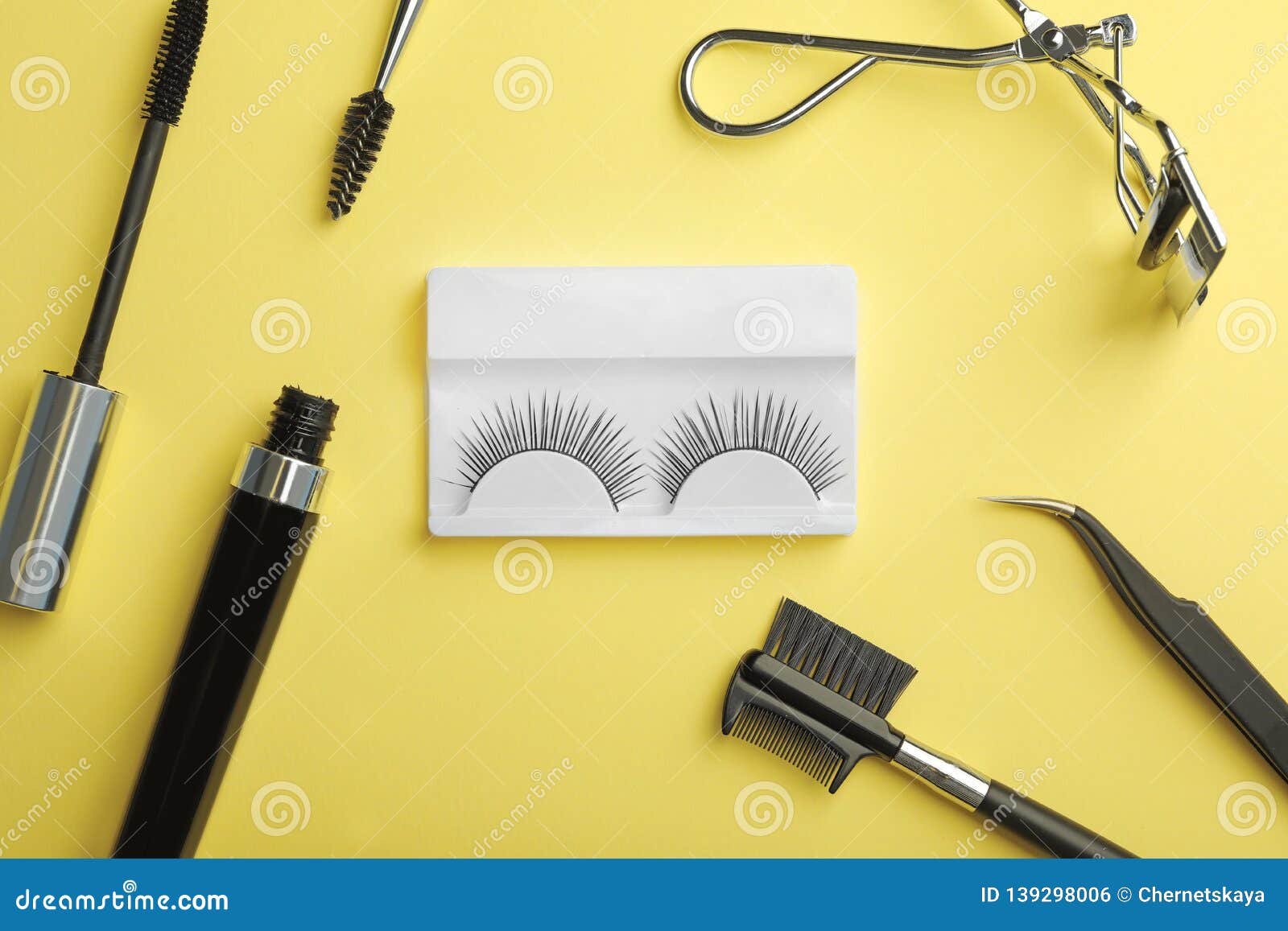 Flat Lay Composition of Professional Makeup Tools and False Eyelashes ...