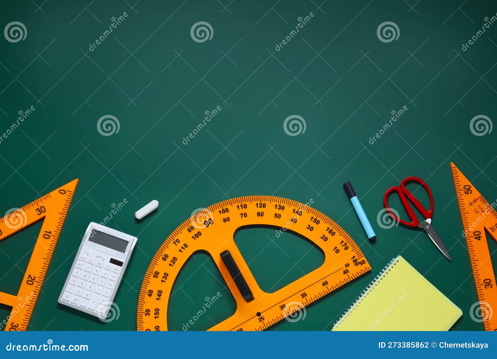 Flat Lay Composition with Protractor, Triangle and Stationery on Green ...